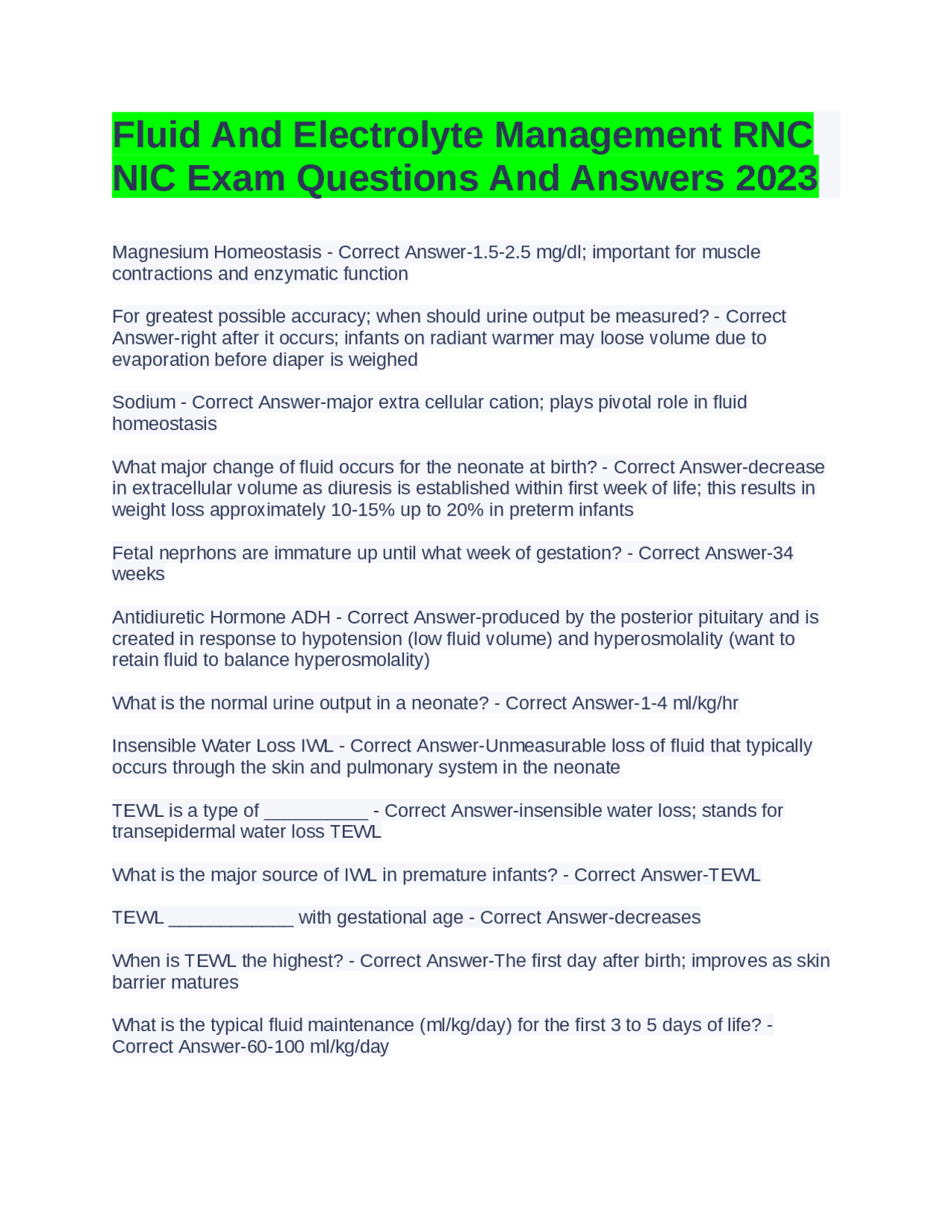 Fluid And Electrolyte Management RNC NIC Exam Questions And Answers ...