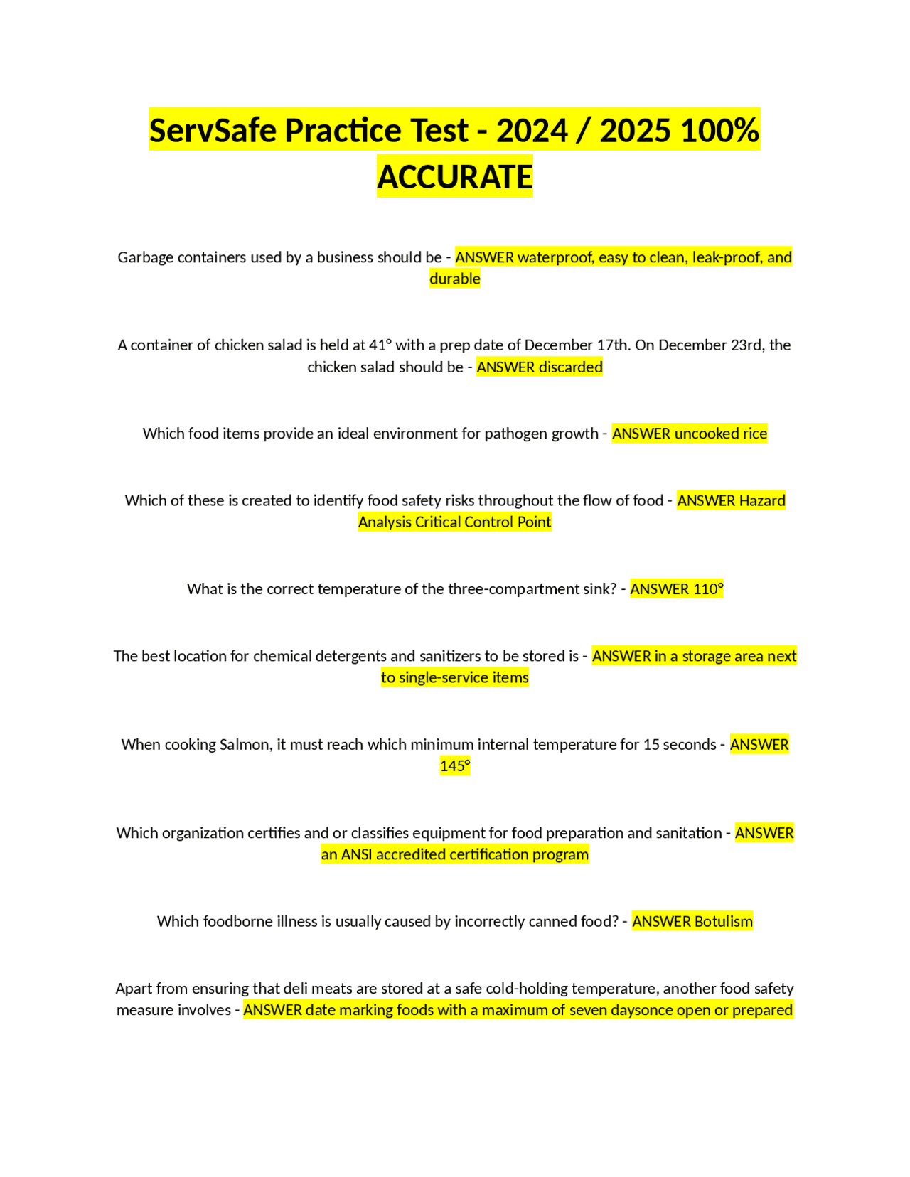 ServSafe Practice Test - 2024 / 2025 100% ACCURATE | Exams Nutrition ...