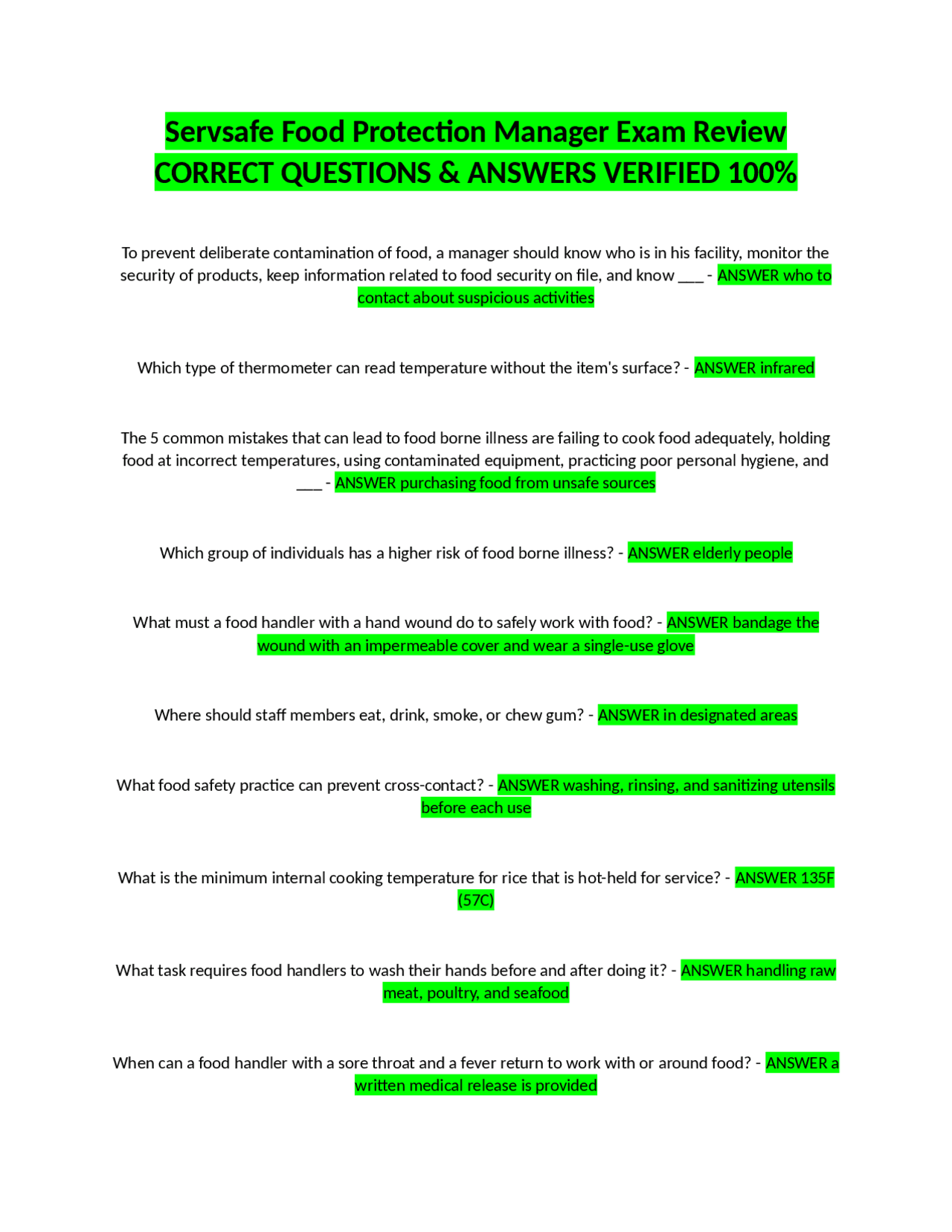 Servsafe Food Protection Manager Exam Review CORRECT QUESTIONS ...