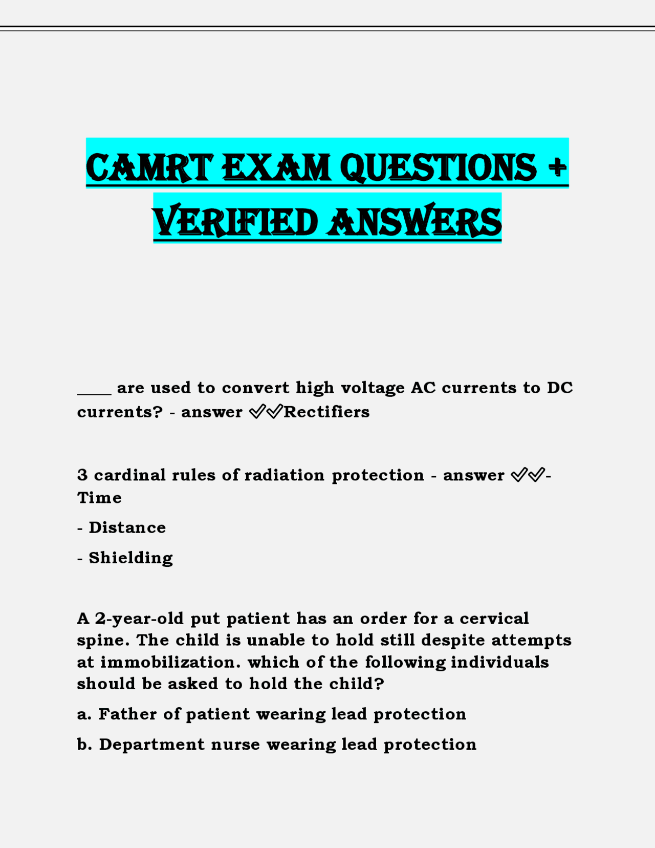 CAMRT Exam Questions + verified answers | Exams Nursing | Docsity