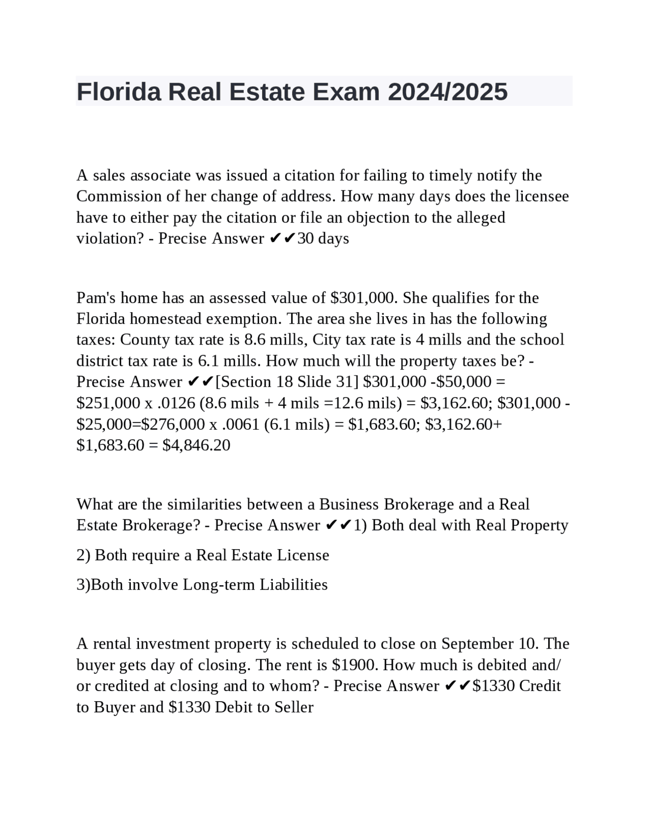 Florida Real Estate Exam 2024/2025 | Exams Nursing | Docsity