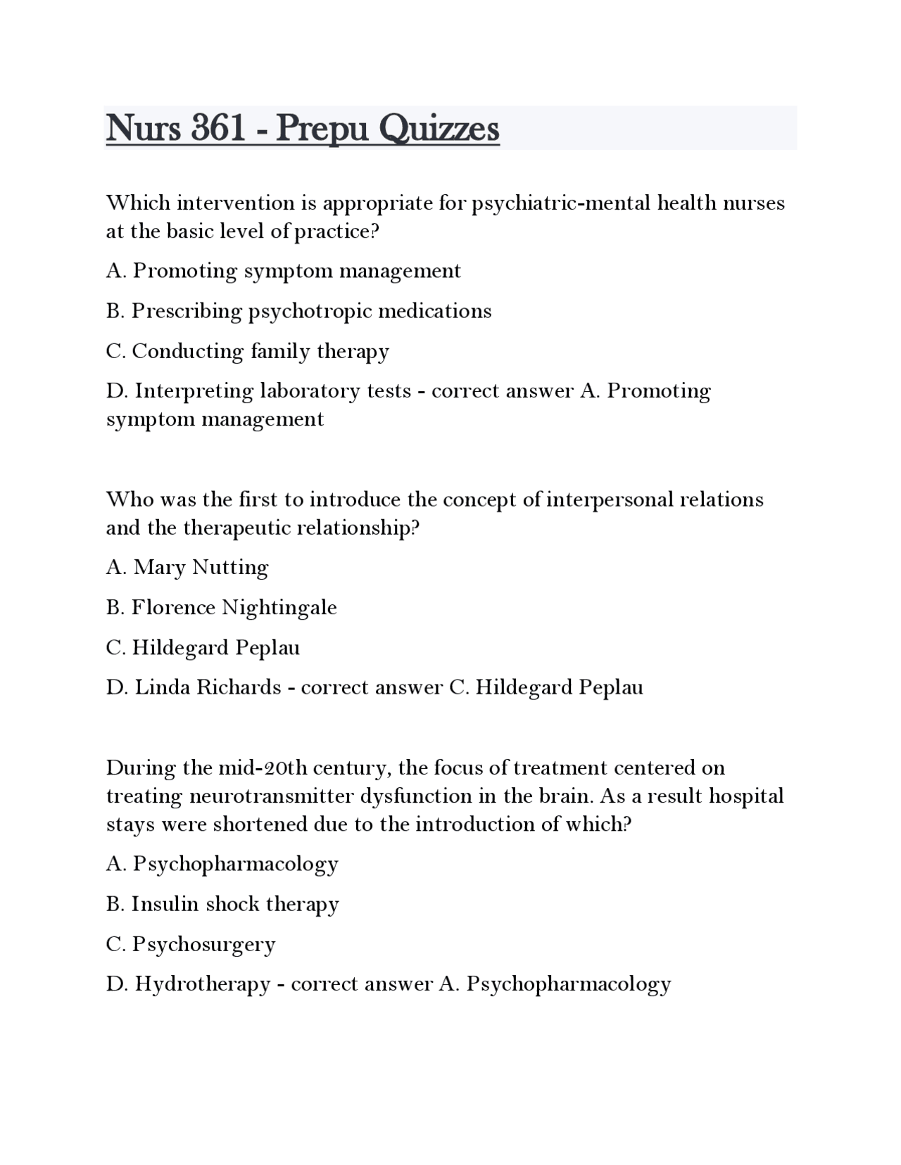 Nurs 361 - PrepU Quizzes Question And Solution Paper 2024/2025 | Exams ...