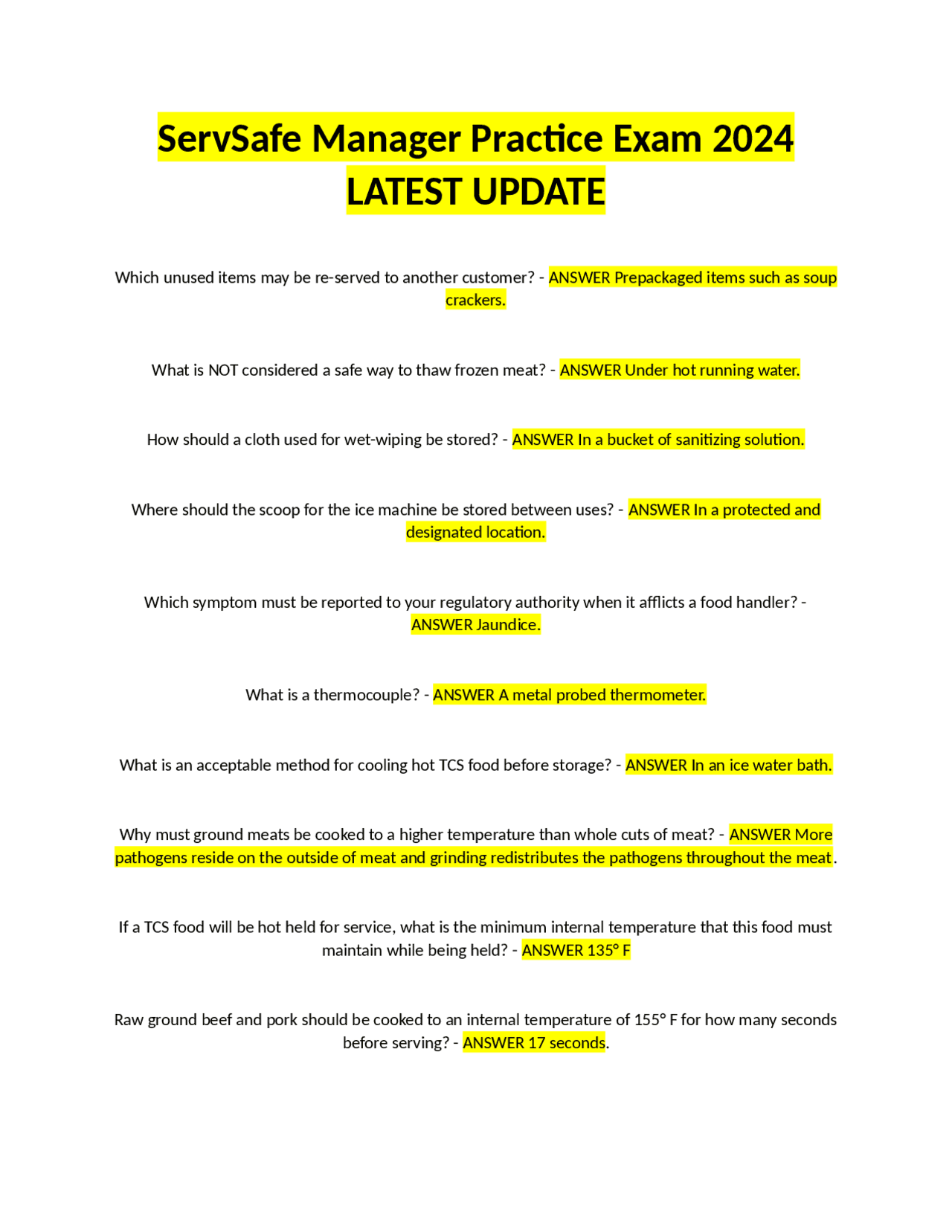 ServSafe Manager Practice Exam 2024 LATEST UPDATE | Exams Nutrition ...
