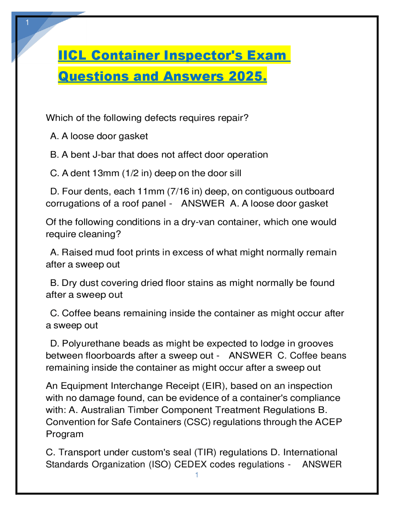 IICL Container Inspector's Exam Questions and Answers 2025. | Exams ...