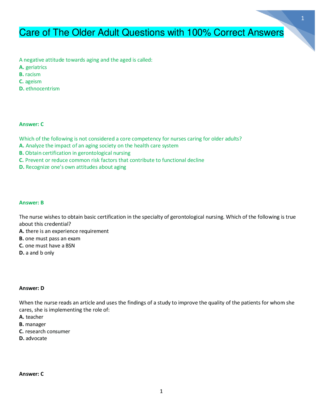 Care of The Older Adult Questions with 100% Correct Answers 2024-2025 ...