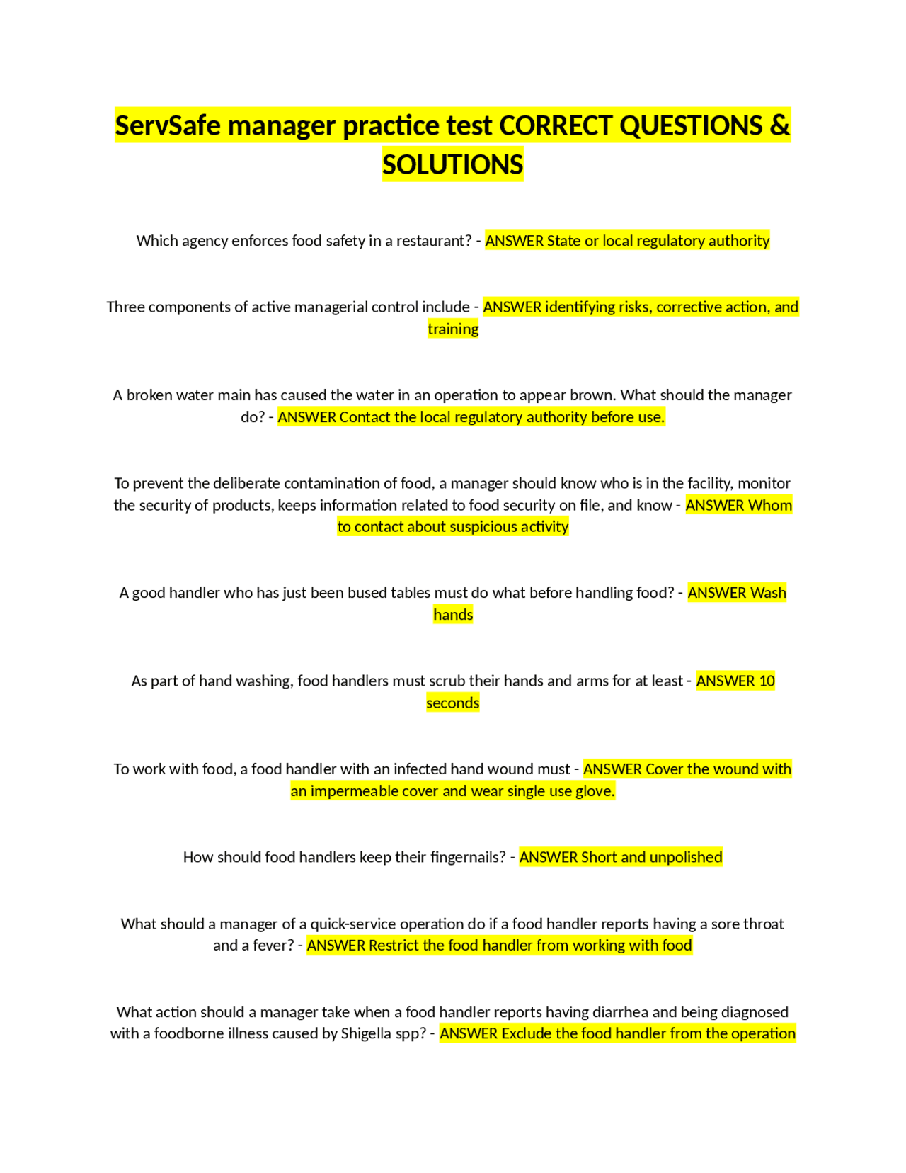 ServSafe manager practice test CORRECT QUESTIONS & SOLUTIONS | Exams ...