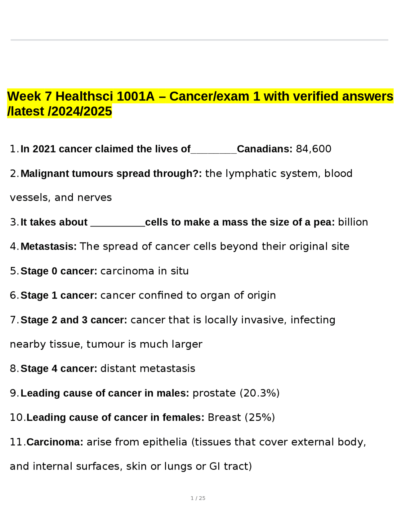 Week 7 Healthsci 1001A – Cancer/exam 1 with verified answers /latest ...