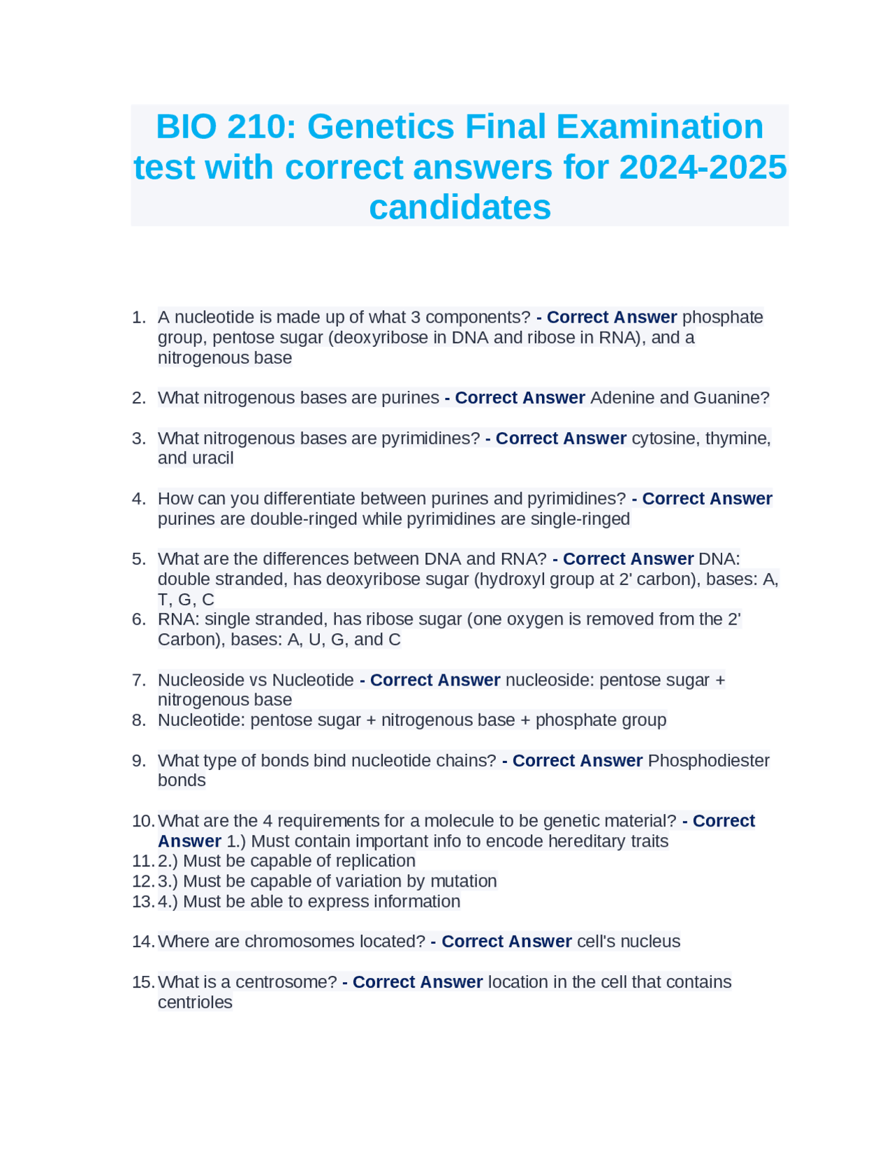 BIO 210: Genetics Final Examination test with correct answers for 2024 ...