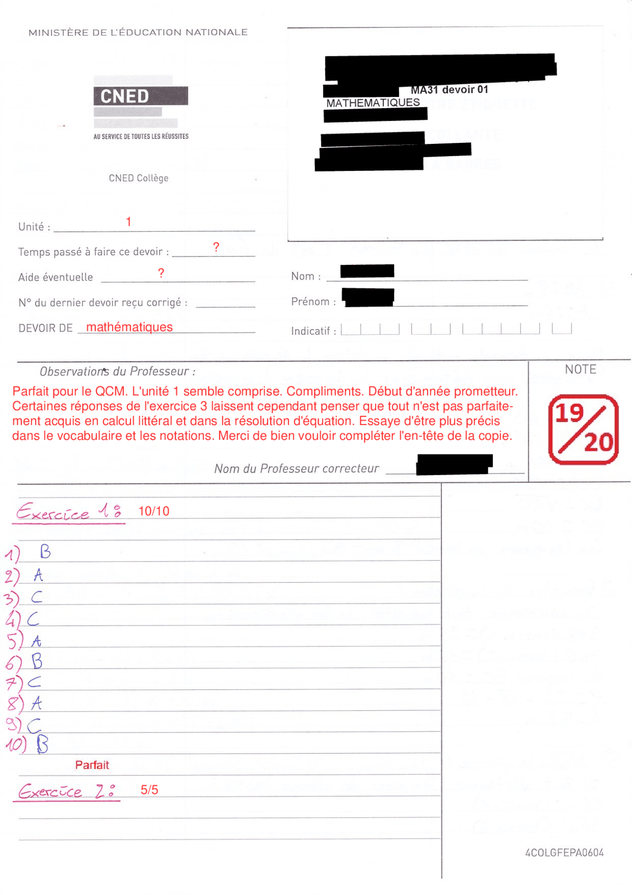 Devoir N°1 Mathématiques CNED 3ème | Examens Mathématiques | Docsity