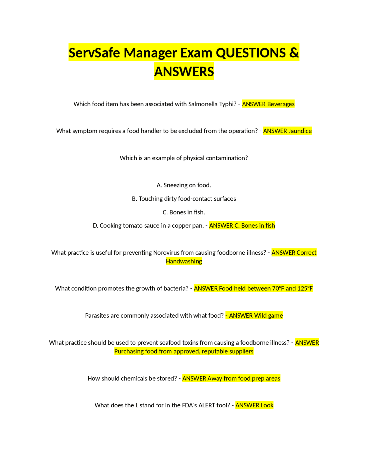 ServSafe Manager Exam QUESTIONS & ANSWERS | Exams Nutrition | Docsity