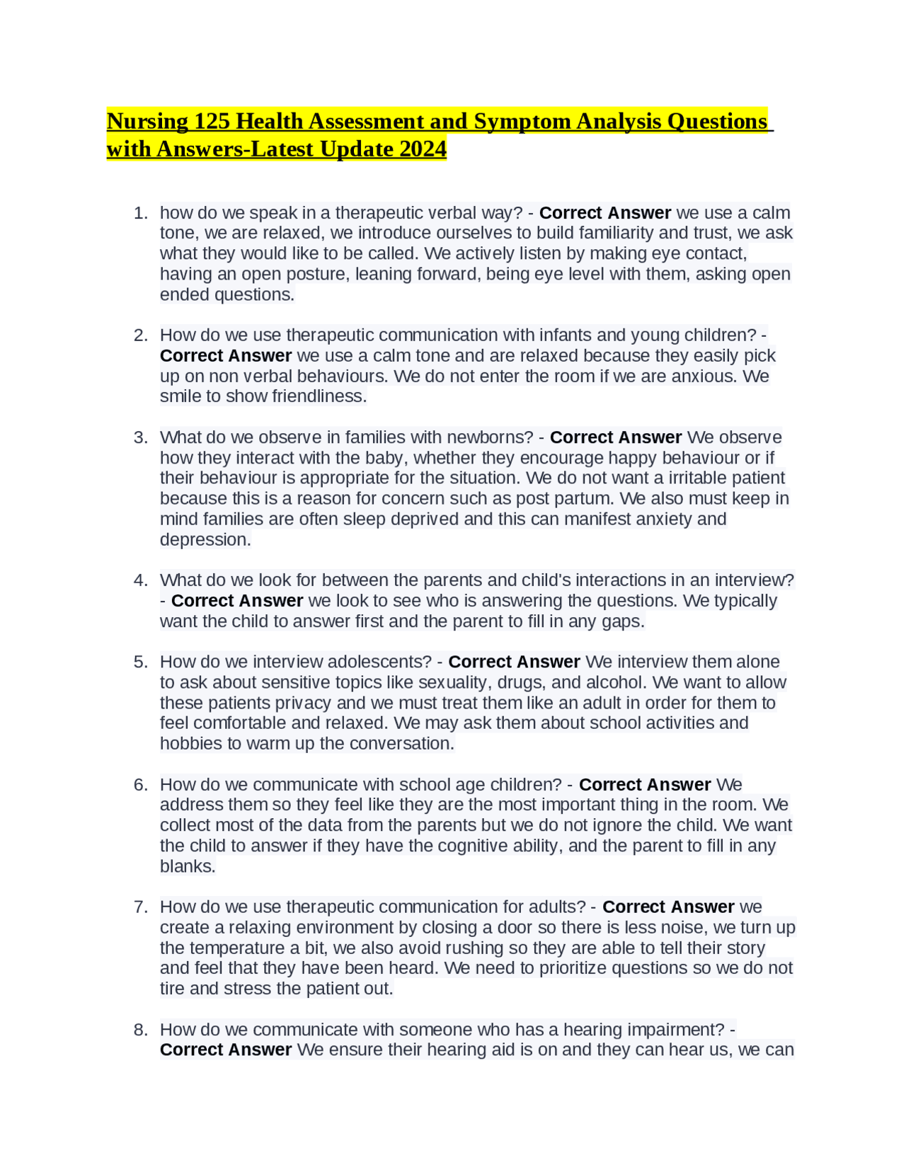 Nursing 125 Health Assessment and Symptom Analysis Questions with ...