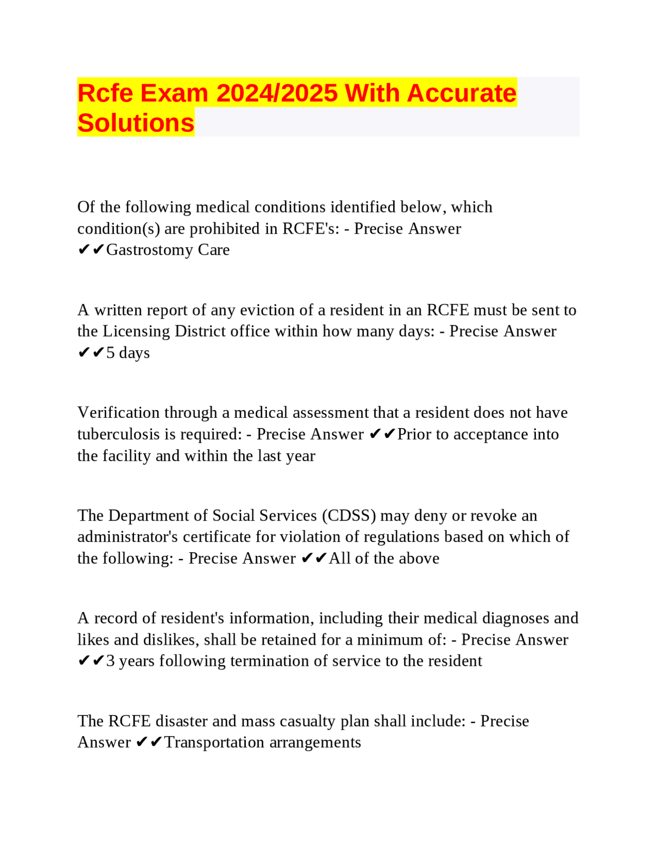 Rcfe Exam 2024/2025 With Accurate Solutions | Exams Nursing | Docsity