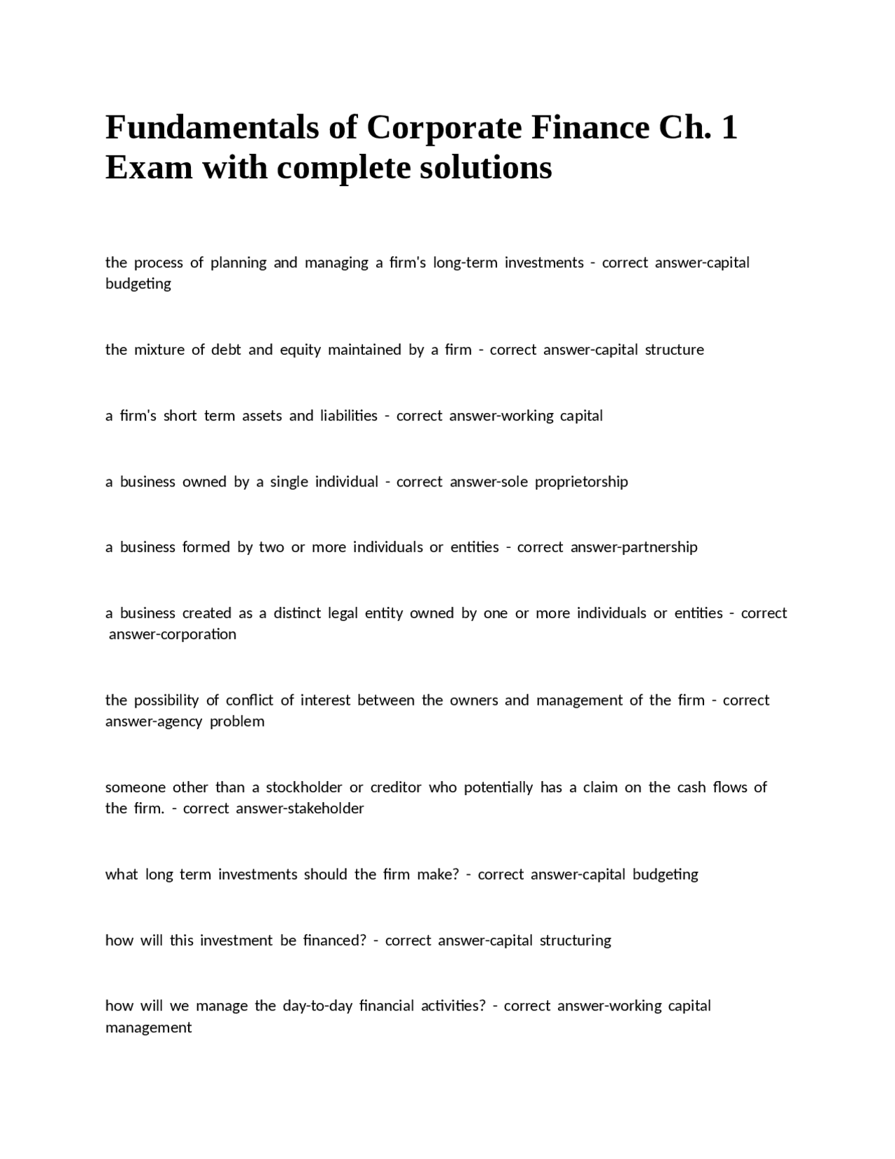 Fundamentals of Corporate Finance Ch. 1 Exam with complete solutions ...