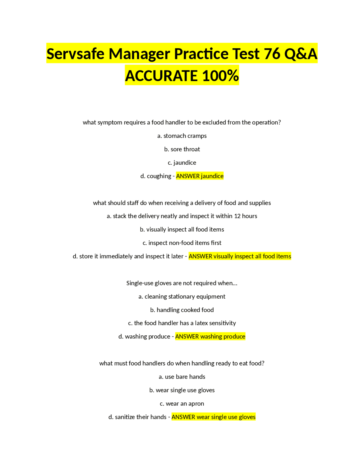 Servsafe Manager Practice Test 76 Q&A ACCURATE 100% | Exams Nutrition ...
