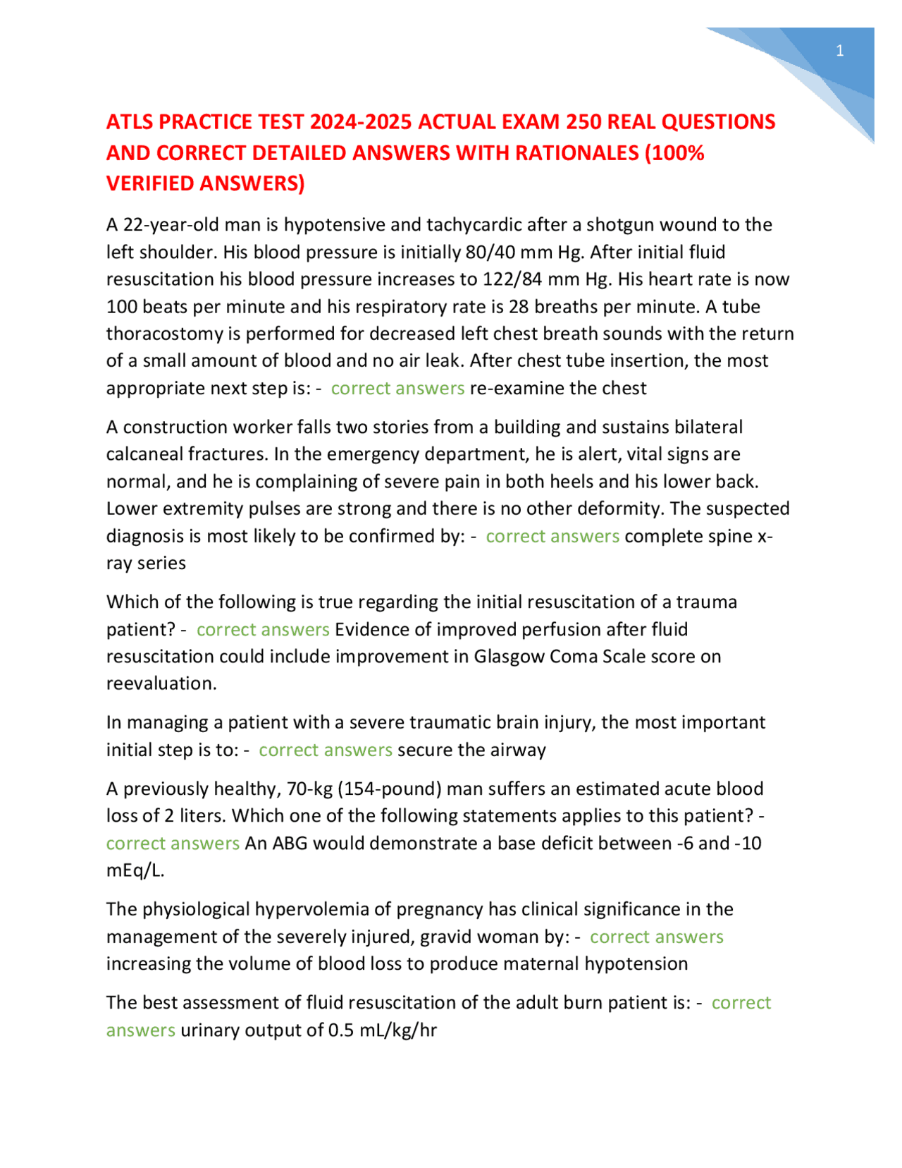 ATLS PRACTICE TEST 2024-2025 ACTUAL EXAM 250 REAL QUESTIONS AND CORRECT ...