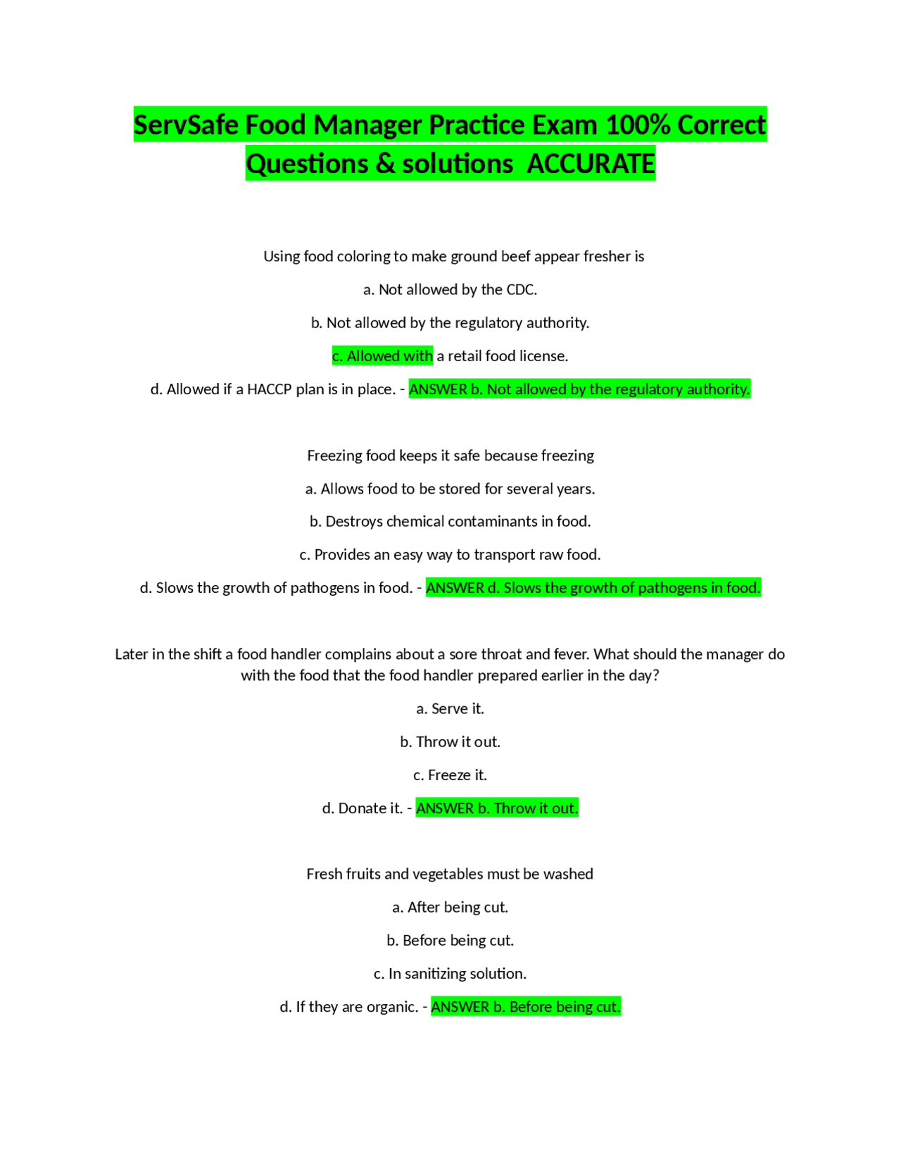 ServSafe Food Manager Practice Exam 100% Correct Questions & solutions ...