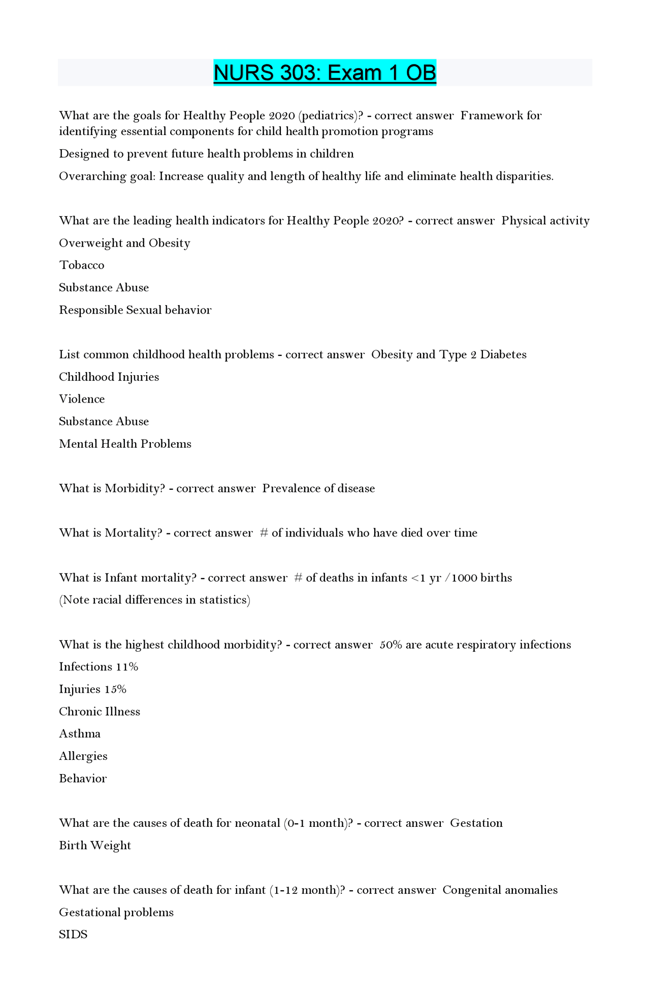 NURS 303 Exam 1 OB Question And Solution Paper 2024/2025 | Exams ...