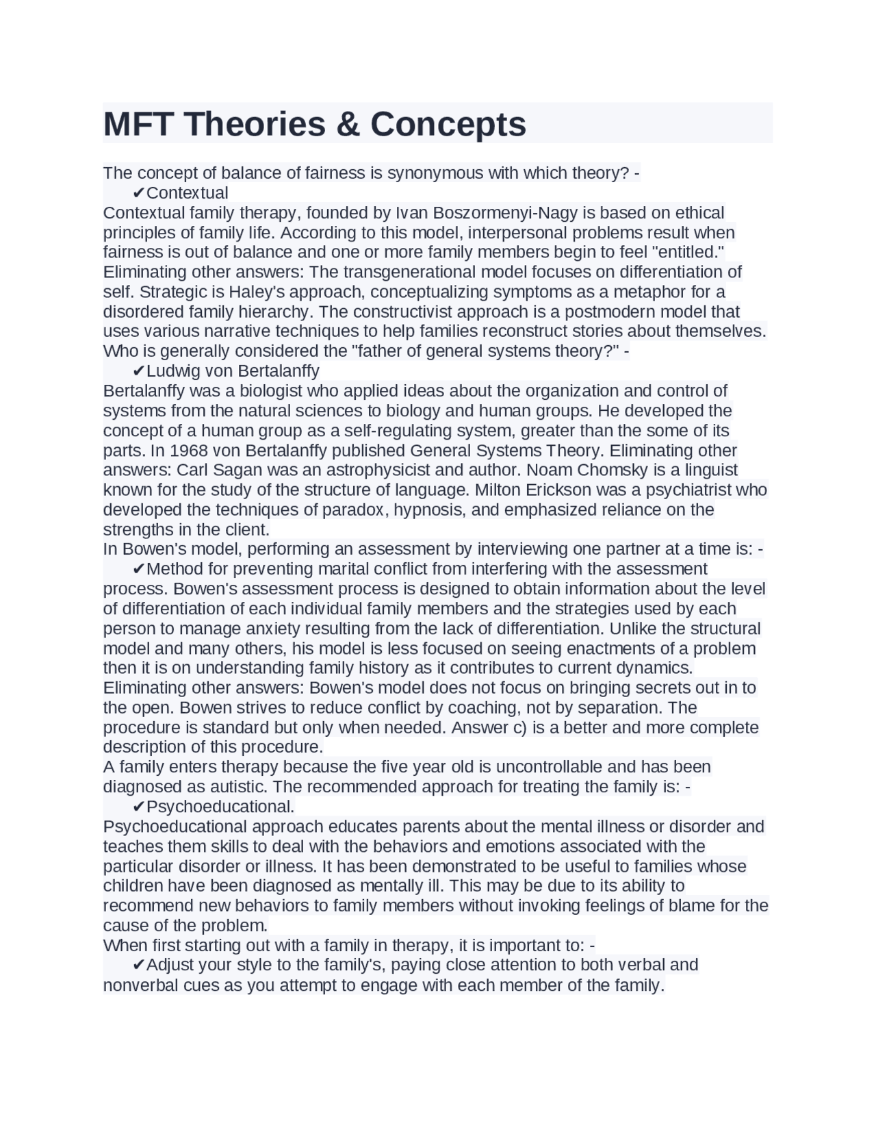 MFT Theories & Concepts | Exams Psychology | Docsity