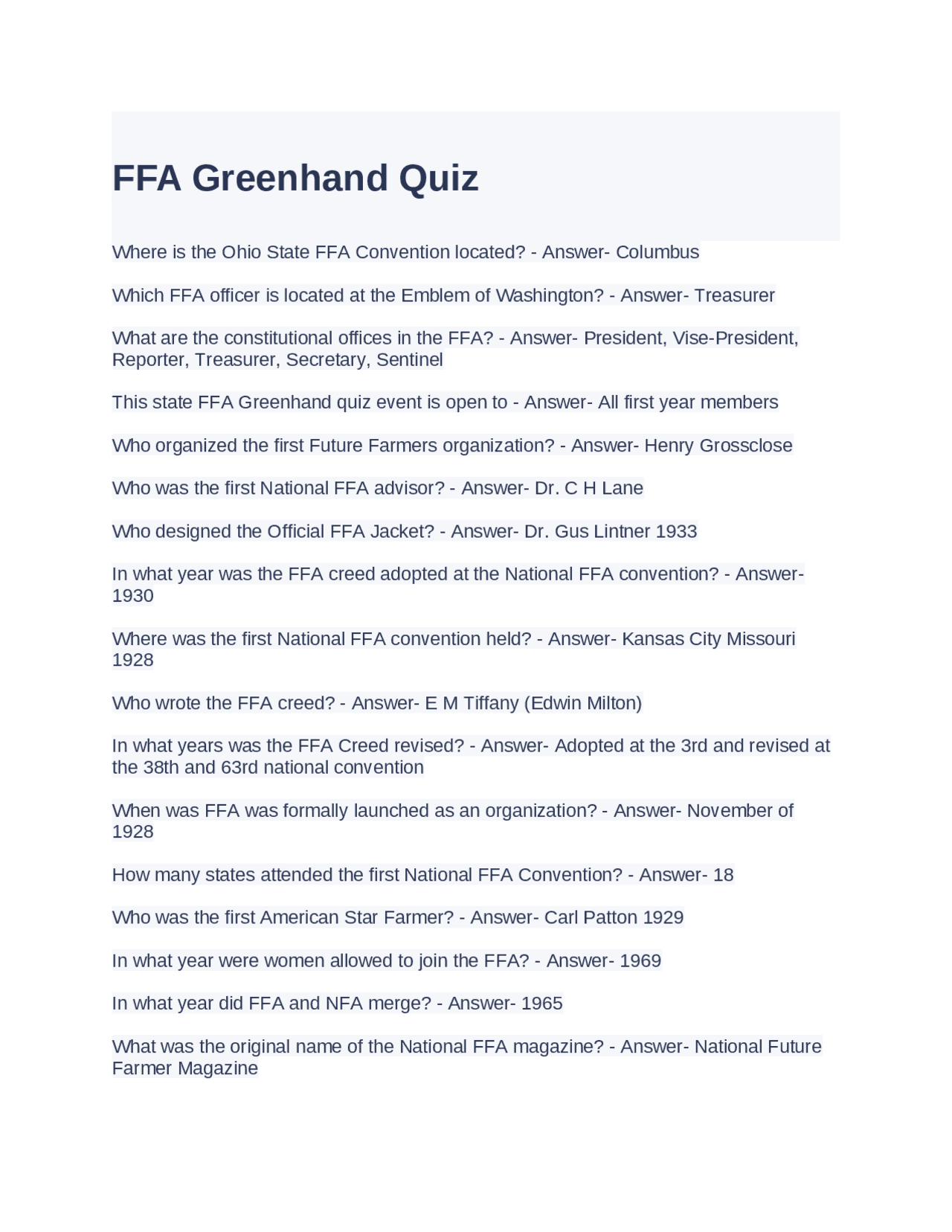FFA Greenhand Quiz with correct Answers | Exams Nursing | Docsity