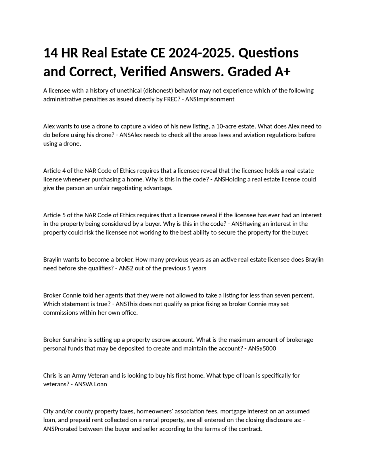 14 HR Real Estate CE 2024-2025. Questions and Correct, Verified Answers ...