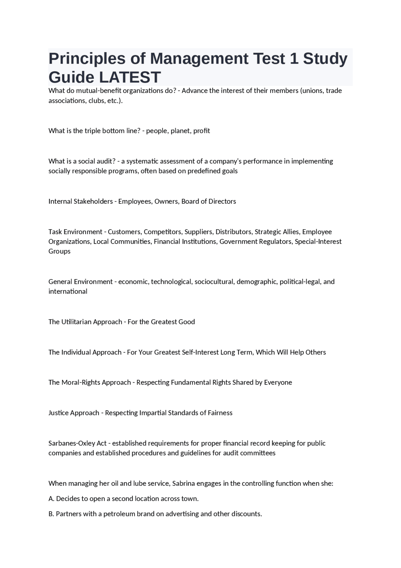 Principles of Management Test 1 Study Guide | Exams History of ...