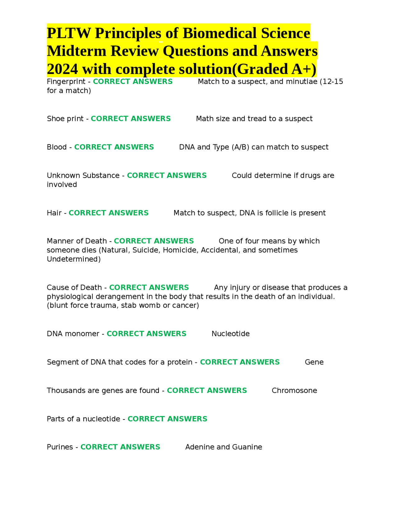 Principles Of Biomedical Science Pltw Answer Key
