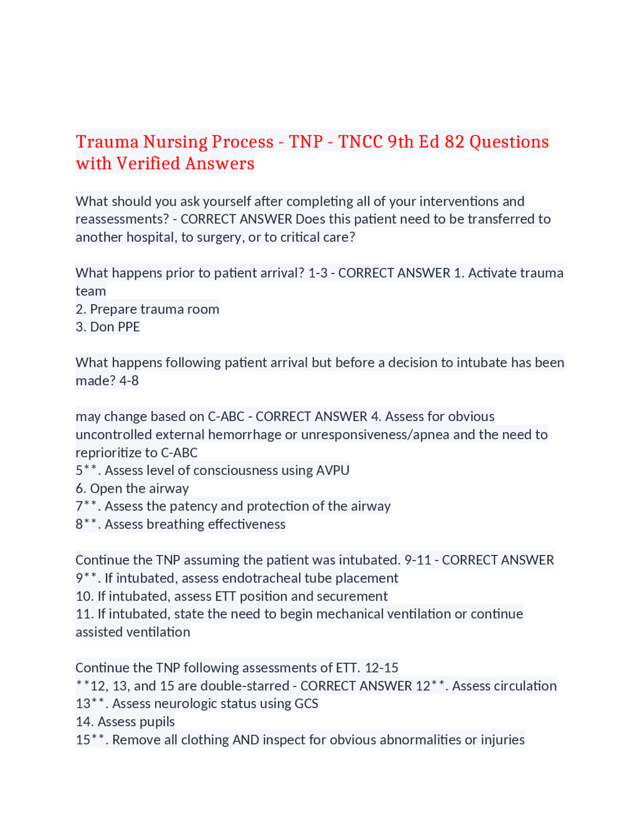 Trauma Nursing Process - TNP - TNCC 9th Ed 82 Questions with Verified ...