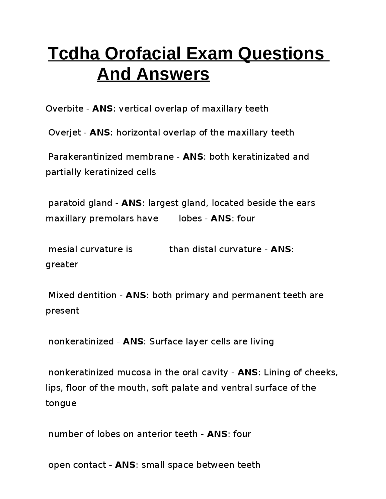 Tcdha Orofacial Exam Questions And Answers | Exams Nursing | Docsity