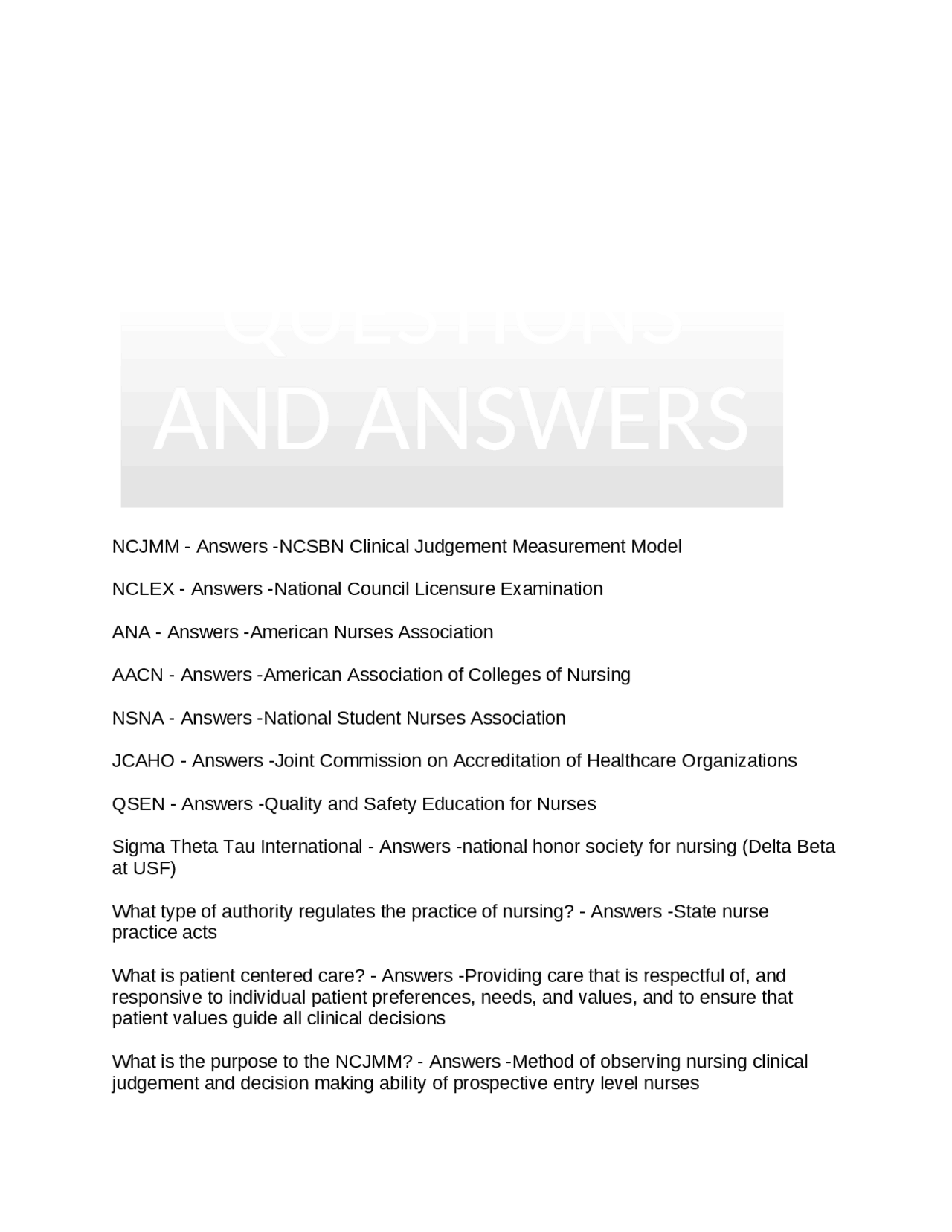 PCC EXAM 1 QUESTIONS AND ANSWERS | Exams Nursing | Docsity