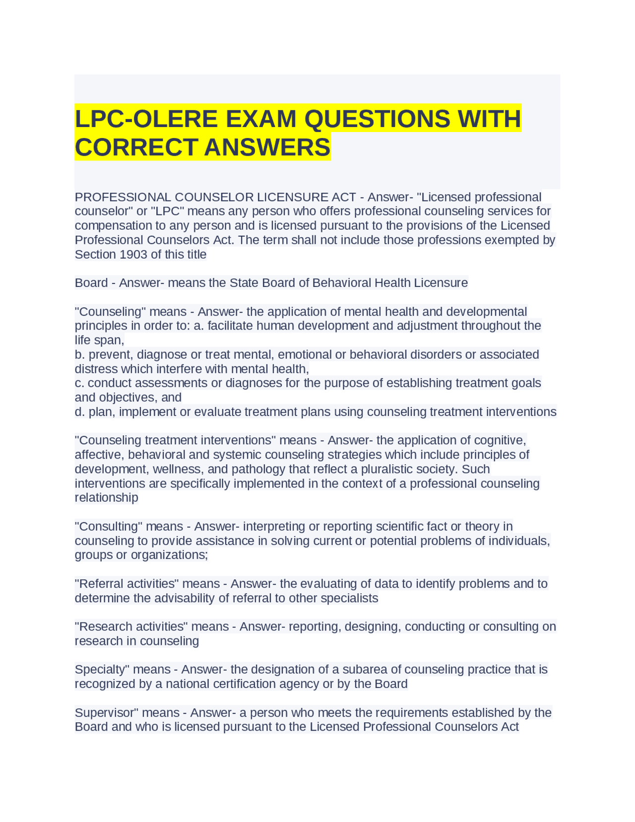 LPC-OLERE EXAM QUESTIONS WITH CORRECT ANSWERS | Exams Nursing | Docsity