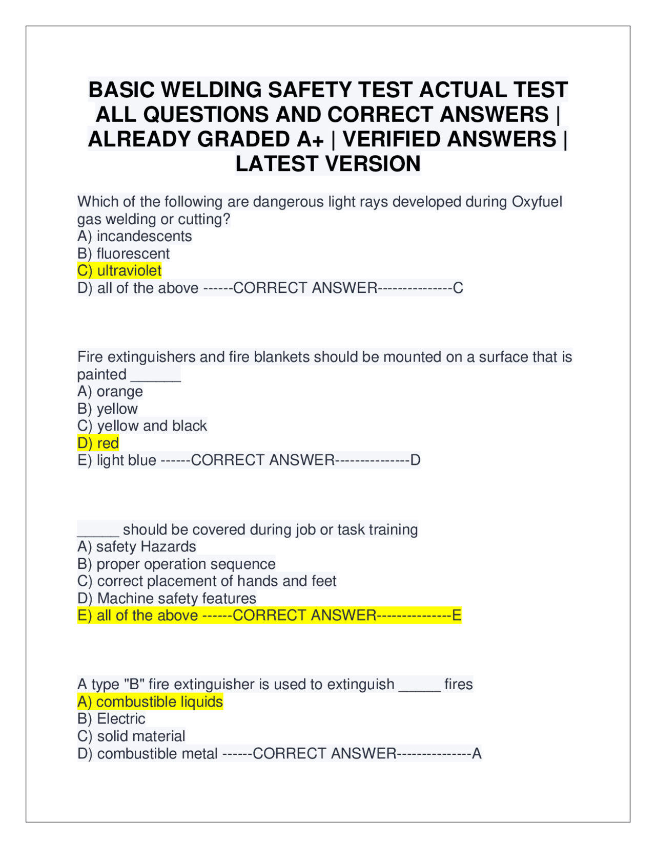 BASIC WELDING SAFETY TEST ACTUAL TEST ALL QUESTIONS AND CORRECT ANSWERS ...