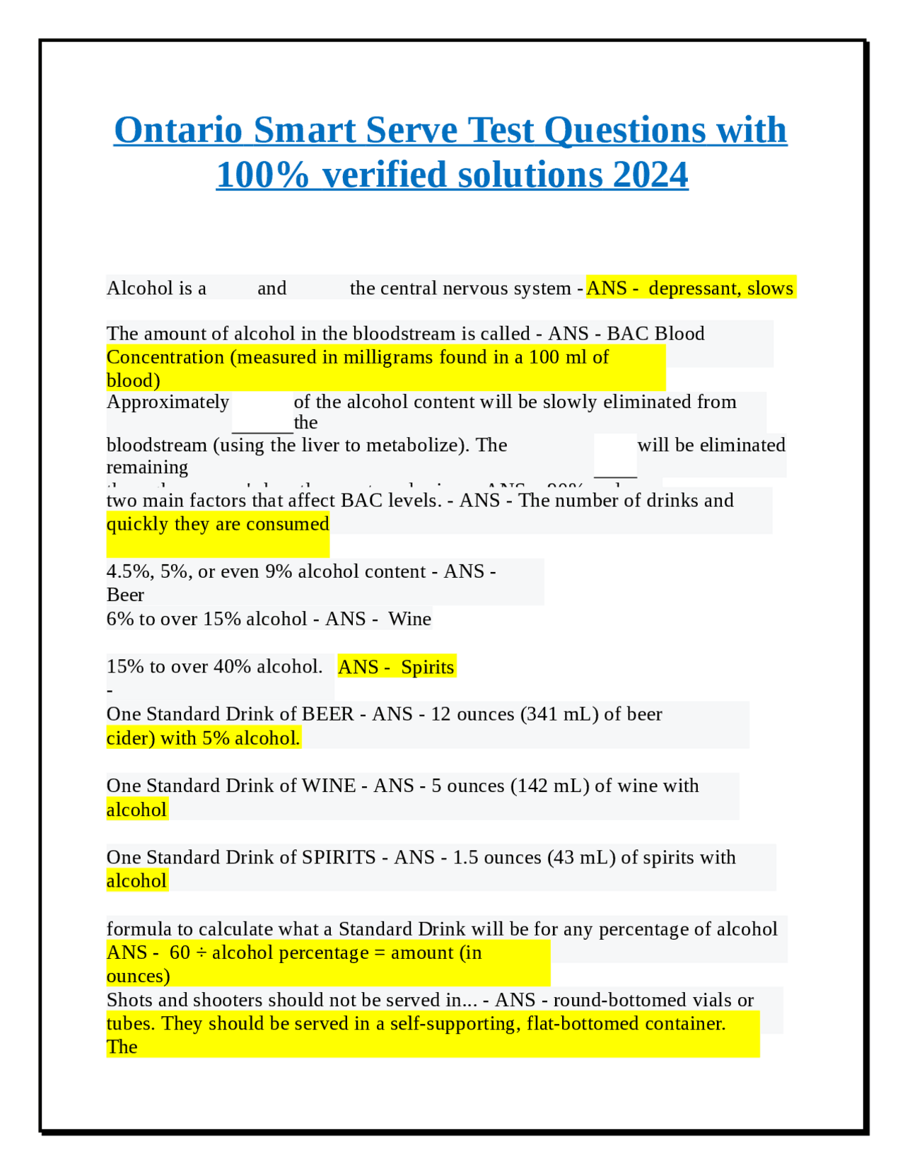 Ontario Smart Serve Test Questions and Answers 2025 | Exams Nursing ...