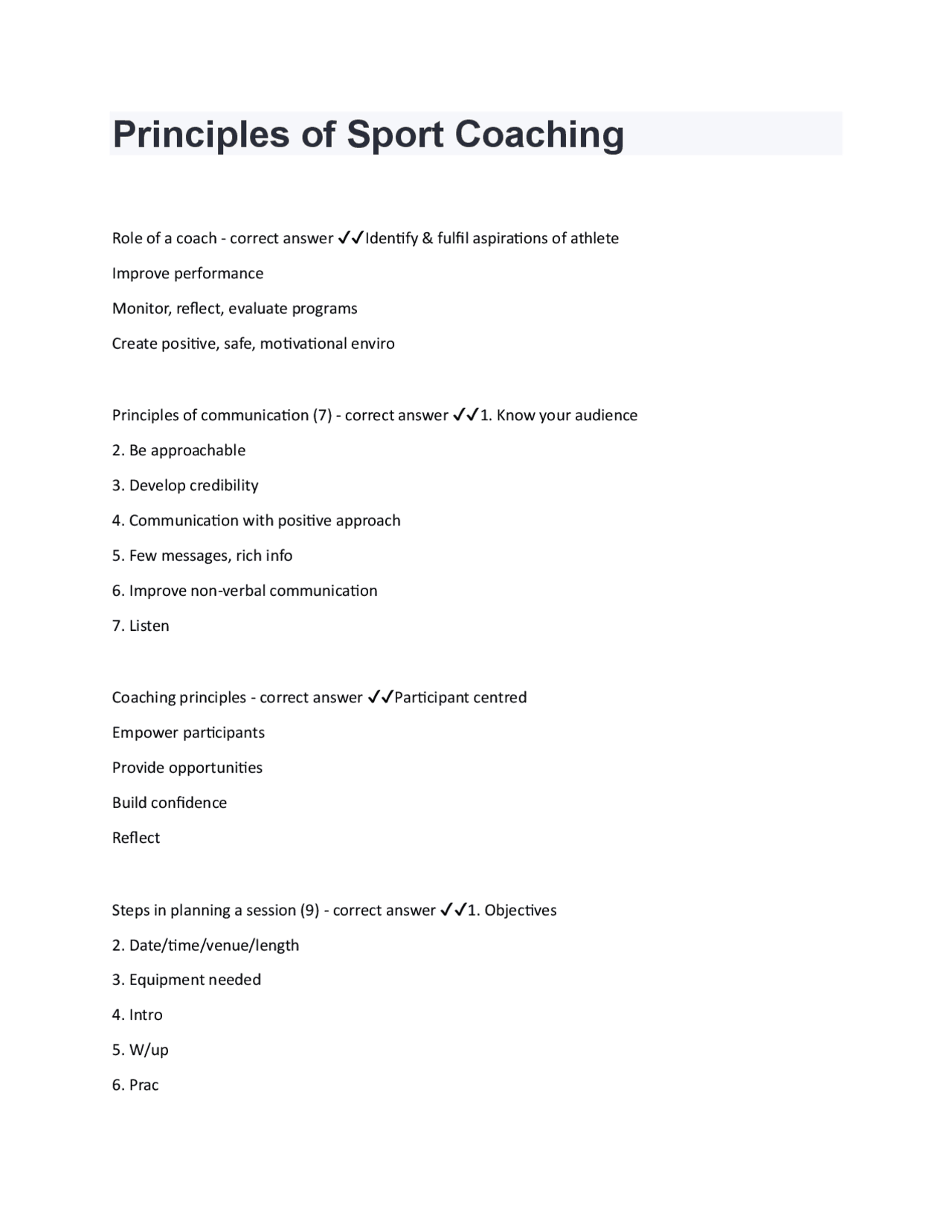 Principles of Sport Coaching questions with verified answers | Exams ...
