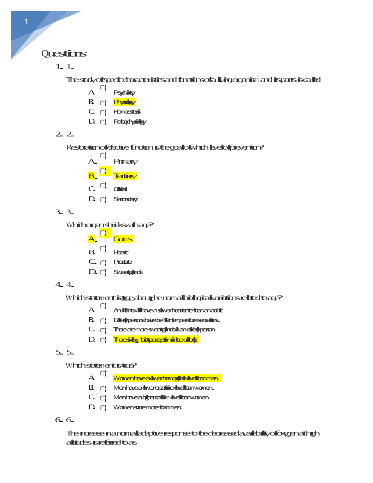 Human Physiology: Multiple Choice Questions | Exams Nursing | Docsity