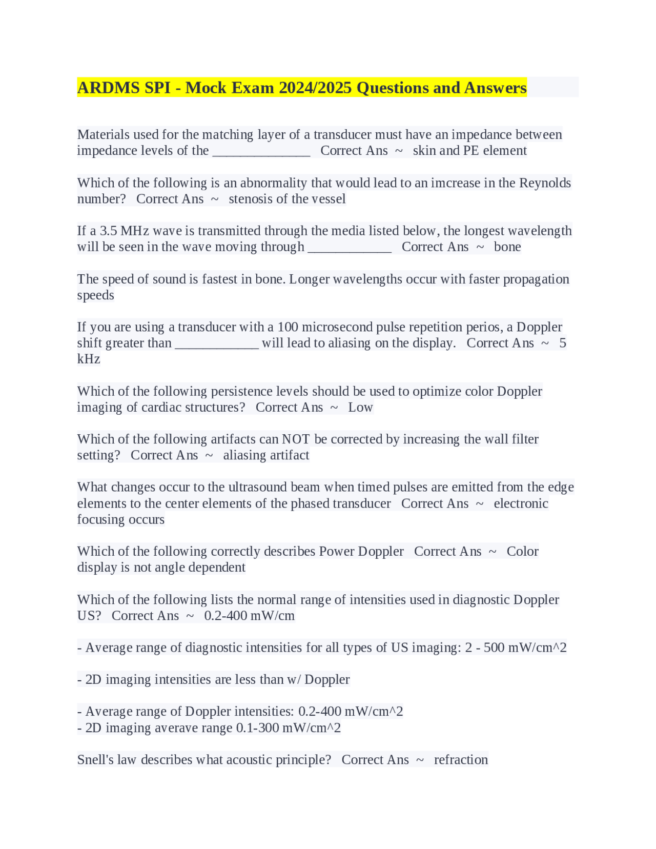 ARDMS SPI - Mock Exam 2024/2025 Questions and Answers | Exams Nursing ...