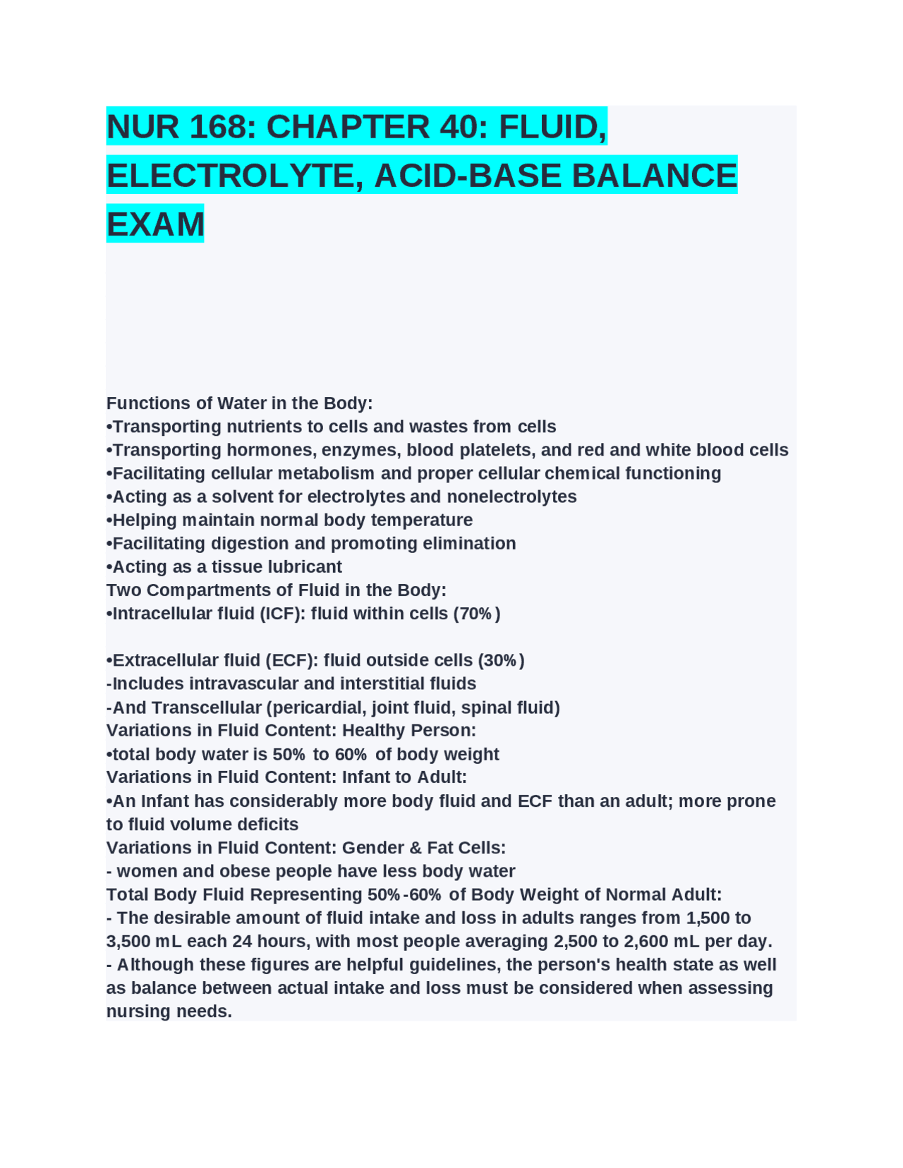 NUR 168_ CHAPTER 40_ FLUID, ELECTROLYTE, ACID-BASE BALANCE EXAM .docx ...