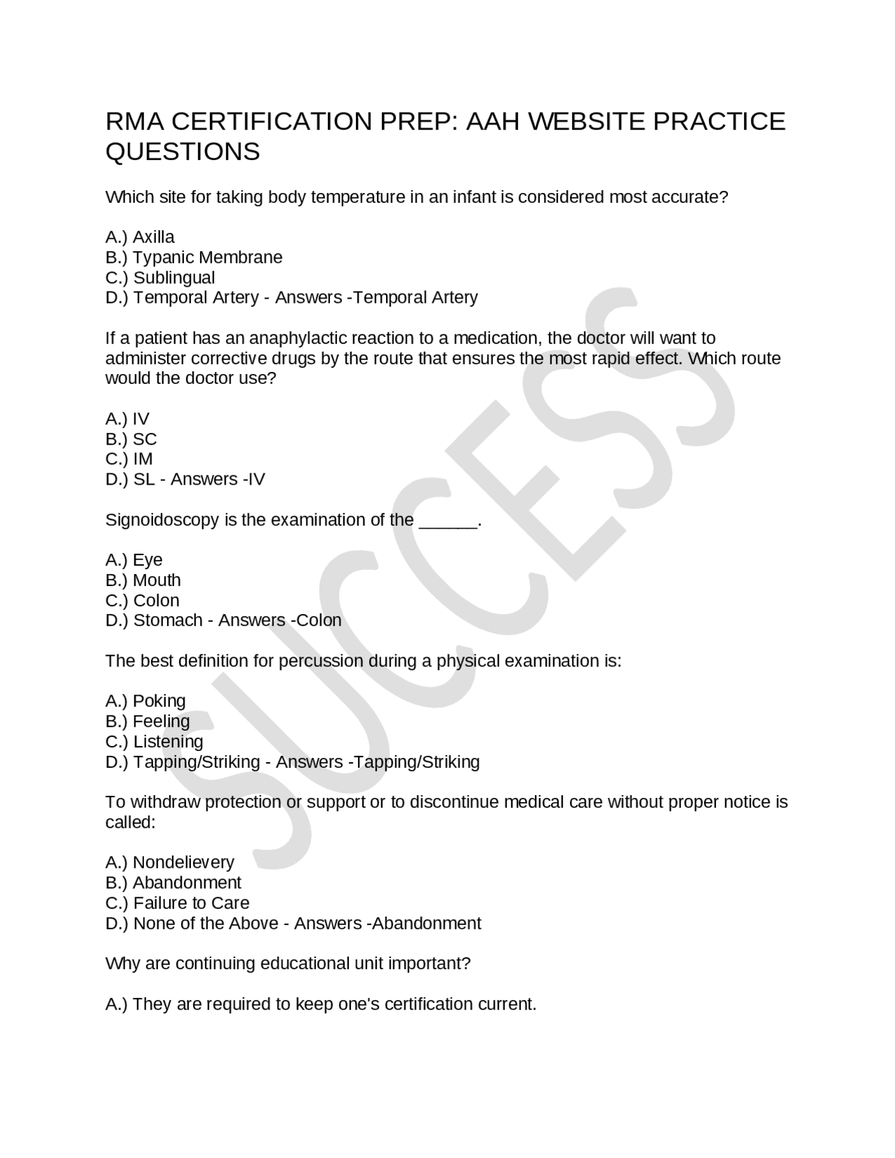 RMA CERTIFICATION PREP: AAH WEBSITE PRACTICE QUESTIONS | Exams Nursing ...