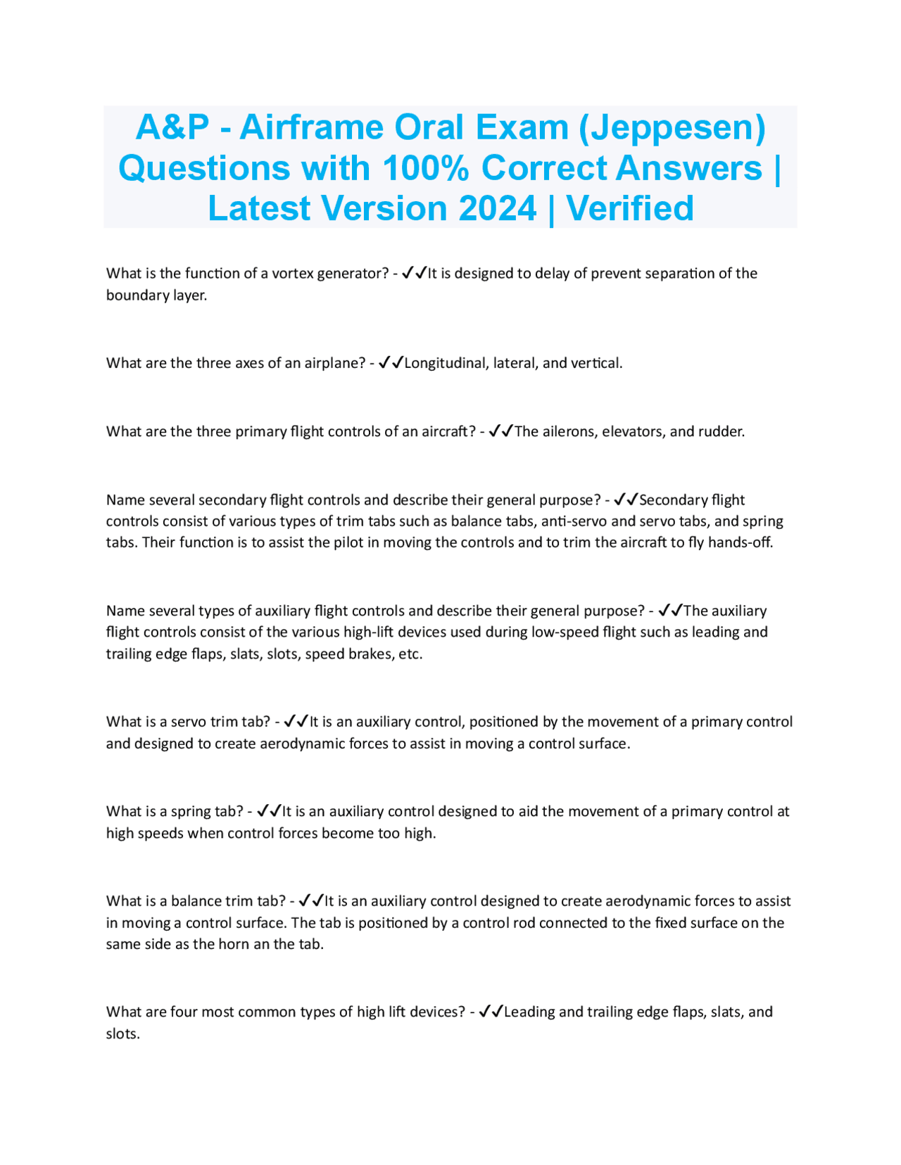 A&P - Airframe Oral Exam (Jeppesen) Questions with 100% Correct Answers 2024/25 | Exams Aviation ...