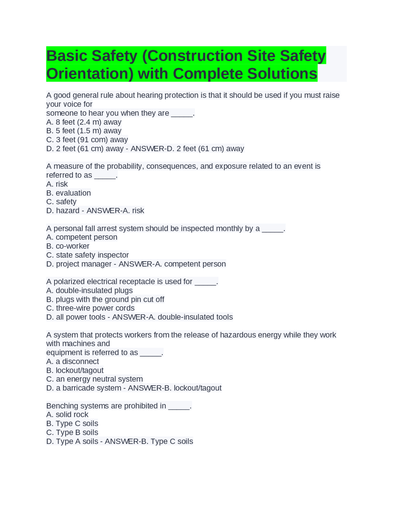 Basic Safety (Construction Site Safety Orientation) | Exams Advanced ...