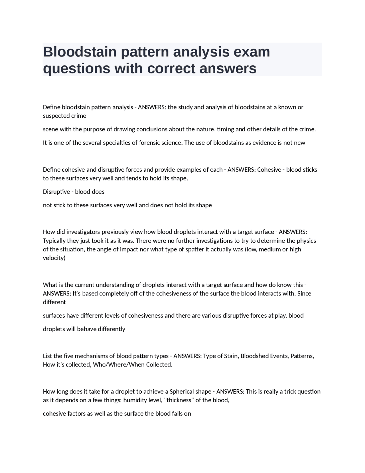 Bloodstain pattern analysis exam questions with correct answers | Exams ...