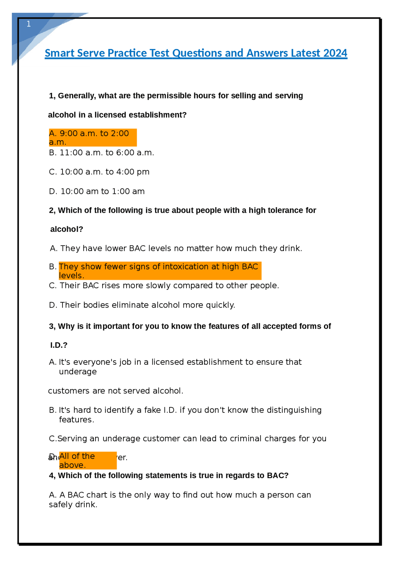 Smart Serve Practice Test Questions and Answers 2024/2025. | Exams ...