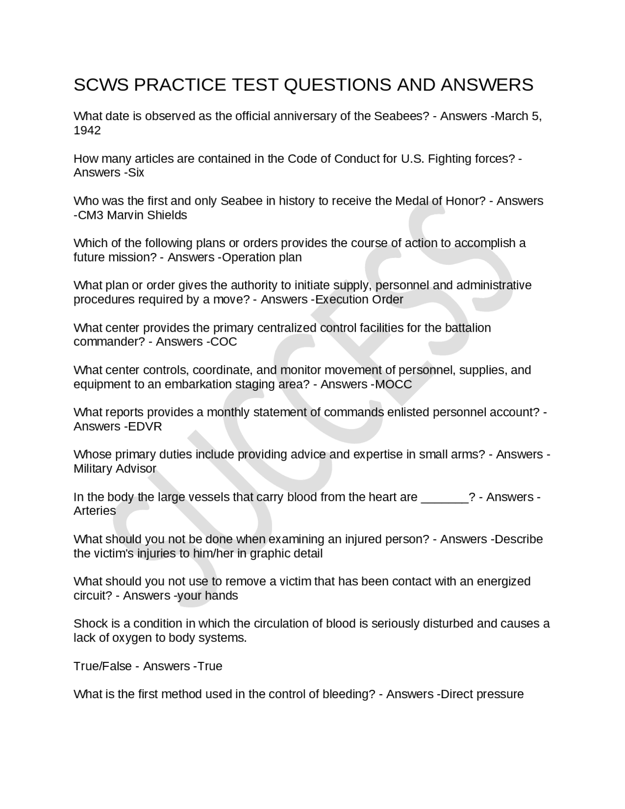SCWS PRACTICE TEST QUESTIONS AND ANSWERS | Exams Nursing | Docsity