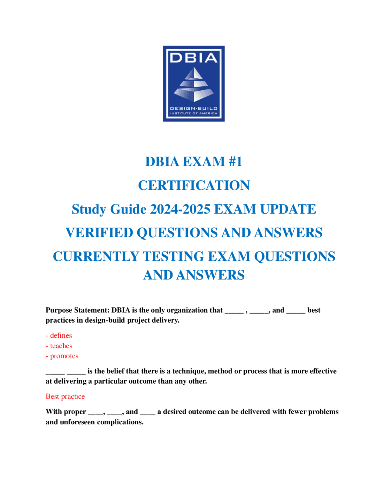 DBIA EXAM #1 CERTIFICATION | Exams Building Materials and Systems | Docsity