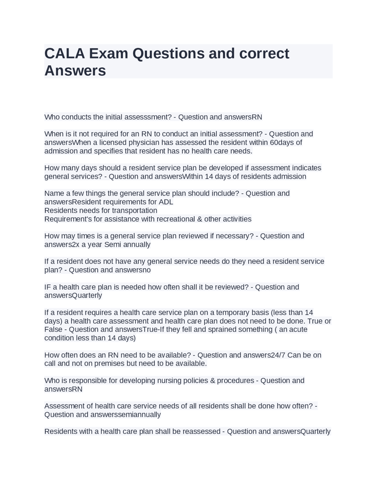 CALA Exam Questions and correct Answers | Exams Nursing | Docsity
