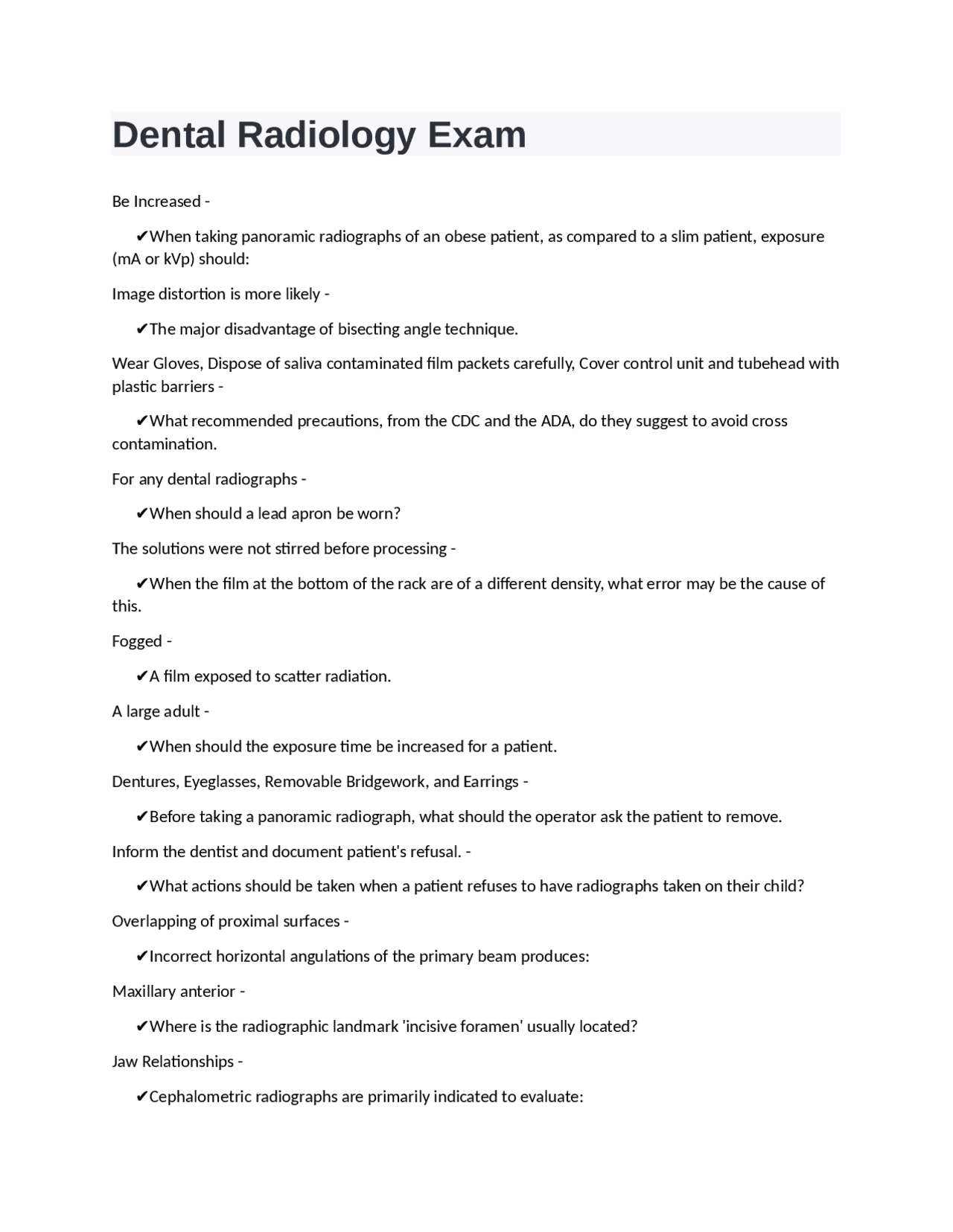 Dental Radiology Exam | Exams Dentistry | Docsity