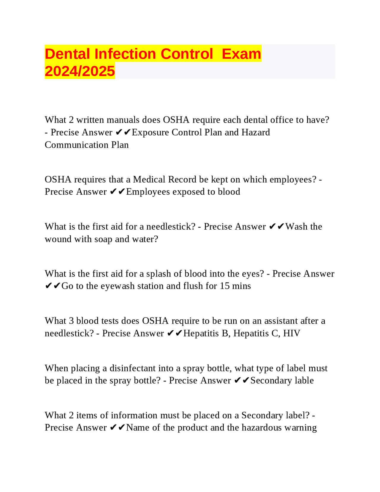 Dental Infection Control Exam 2024/2025 | Exams Nursing | Docsity