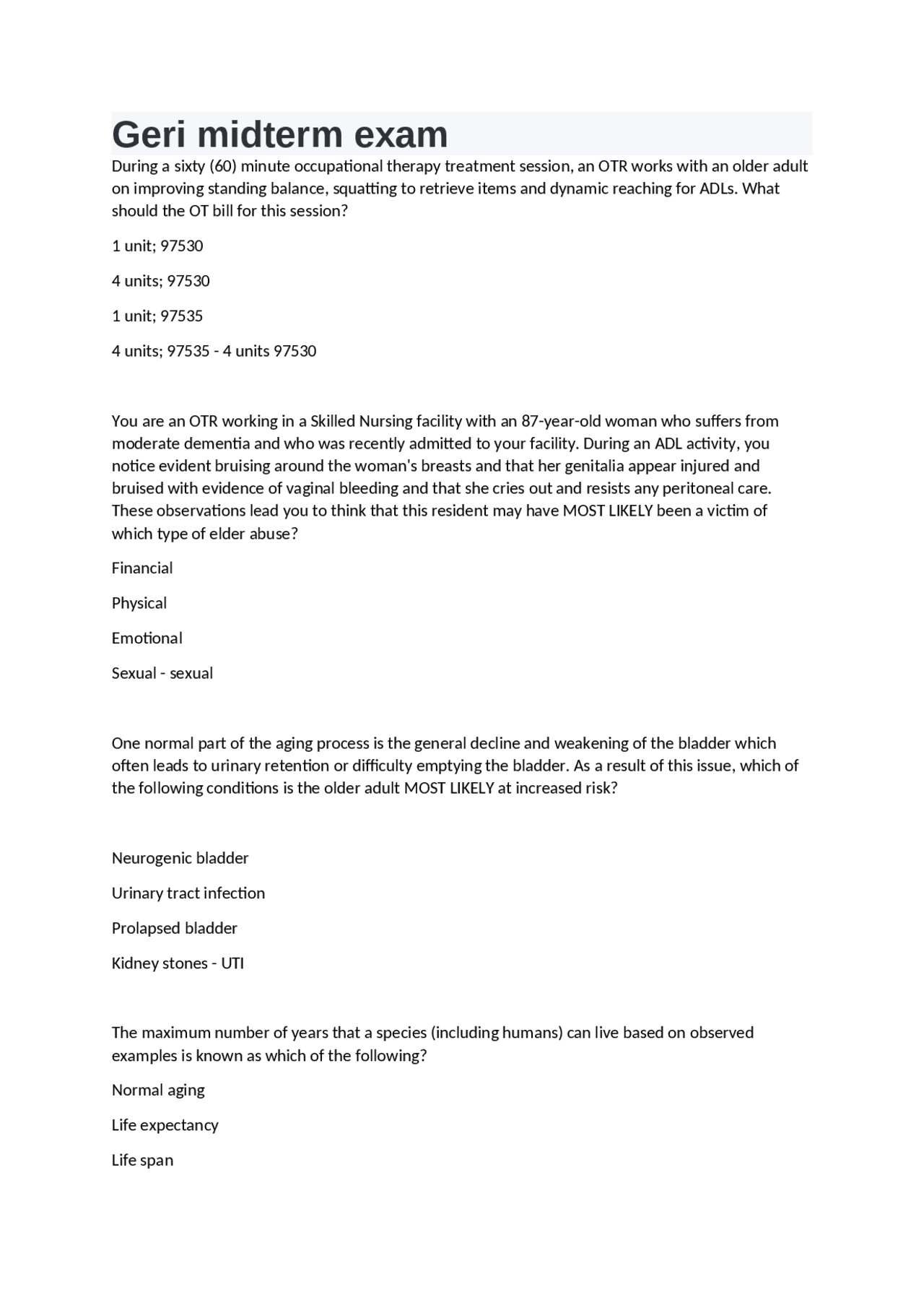 Geri midterm exam. Questions and answers Graded A+ | Exams Geriatrics | Docsity