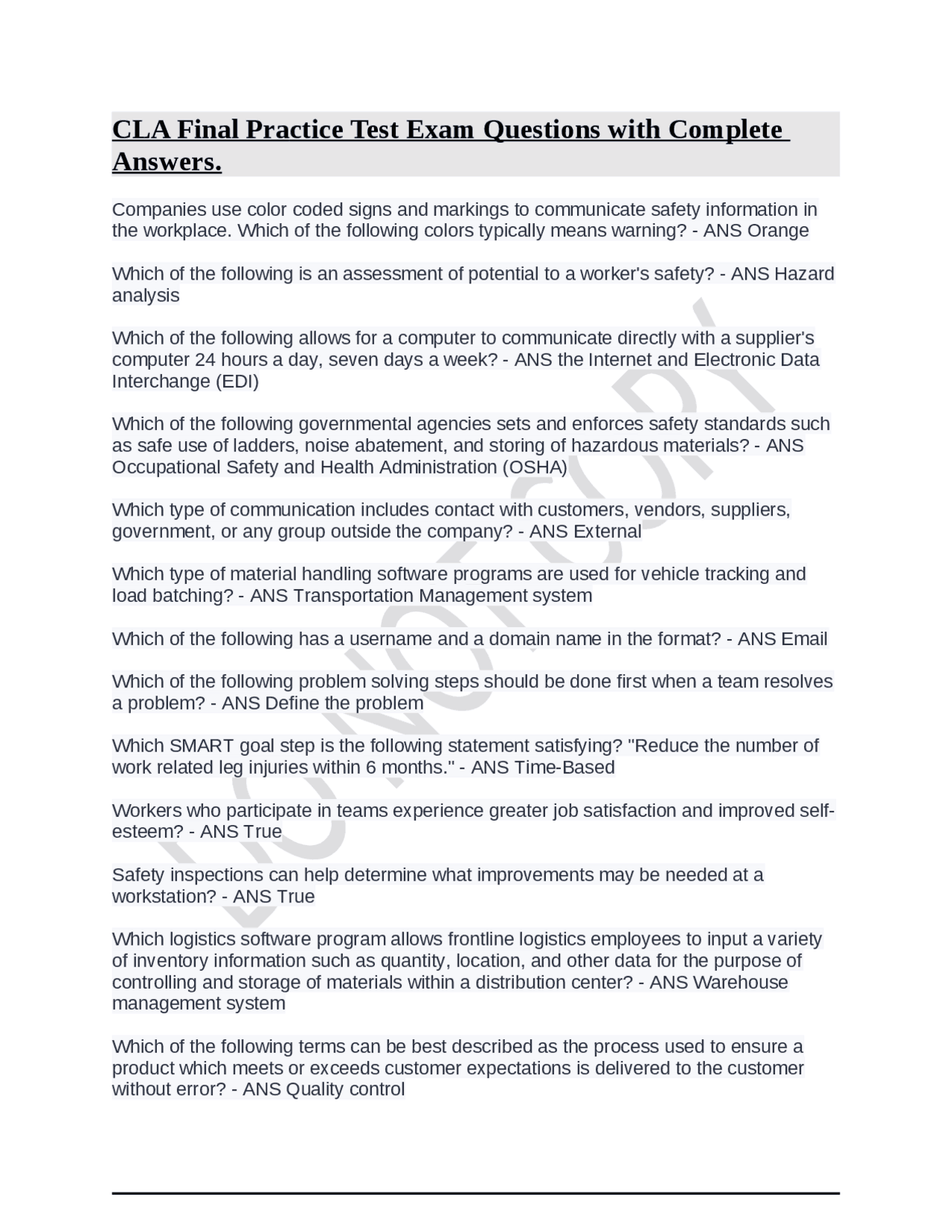 CLA Final Practice Test Exam Questions with Complete Answers. | Exams ...