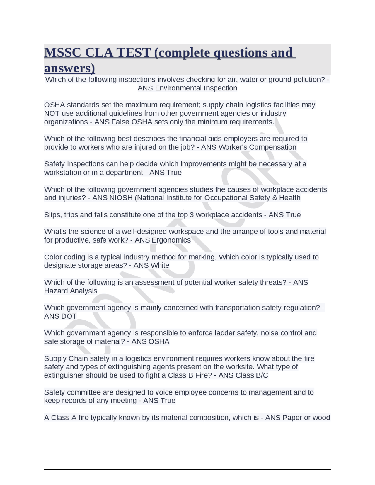 MSSC CLA TEST (complete questions and answers) | Exams Classical and ...