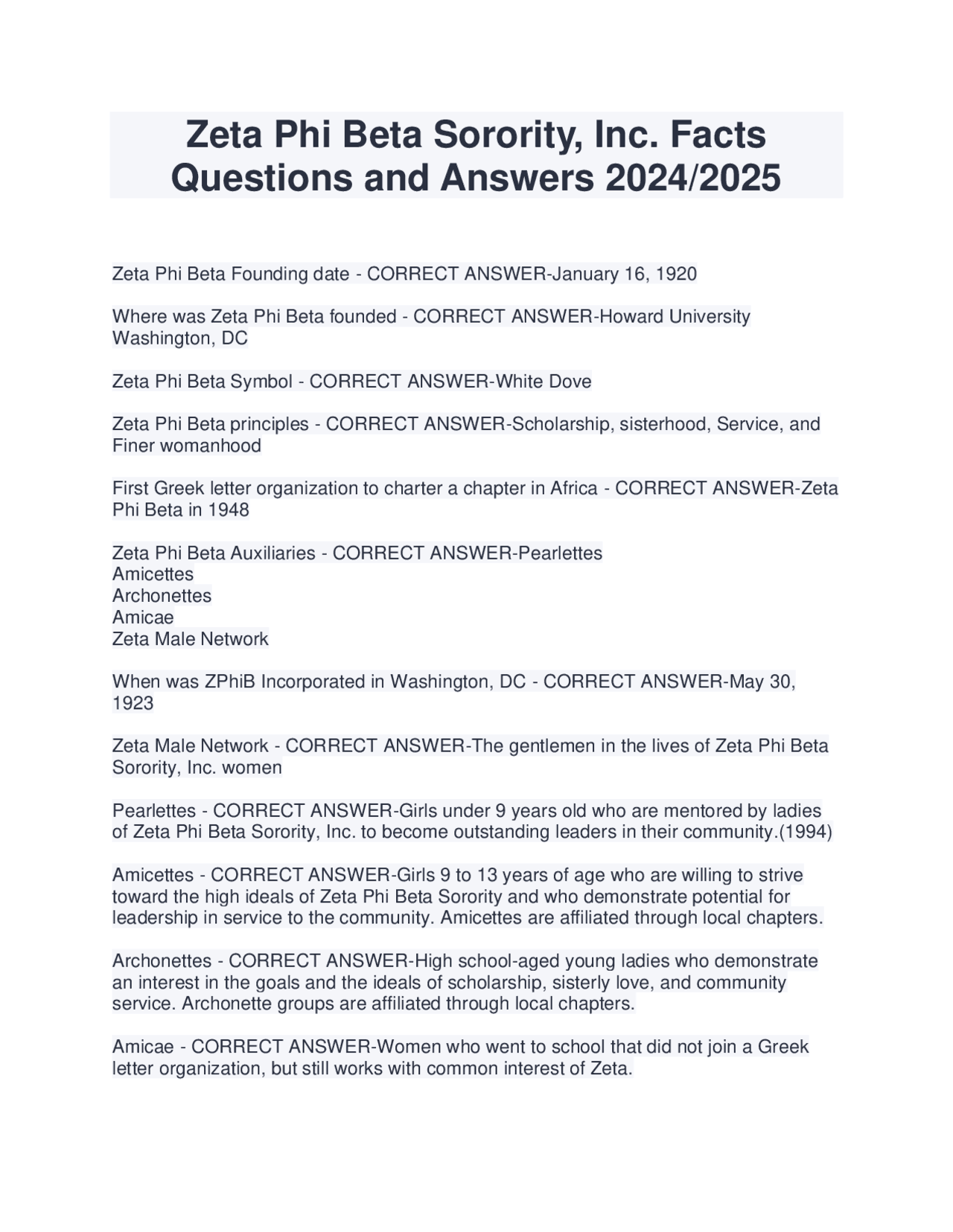 Zeta Phi Beta Sorority, Inc. Facts Questions and Answers 2024/2025 ...